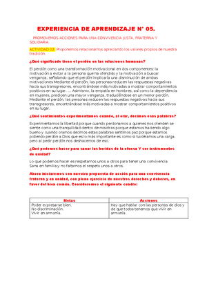 Experiencia DE Aprendizaje N°5 - EXPERIENCIA DE APRENDIZAJE N° 05 PROMOVEMOS ACCIONES PARA UNA ...