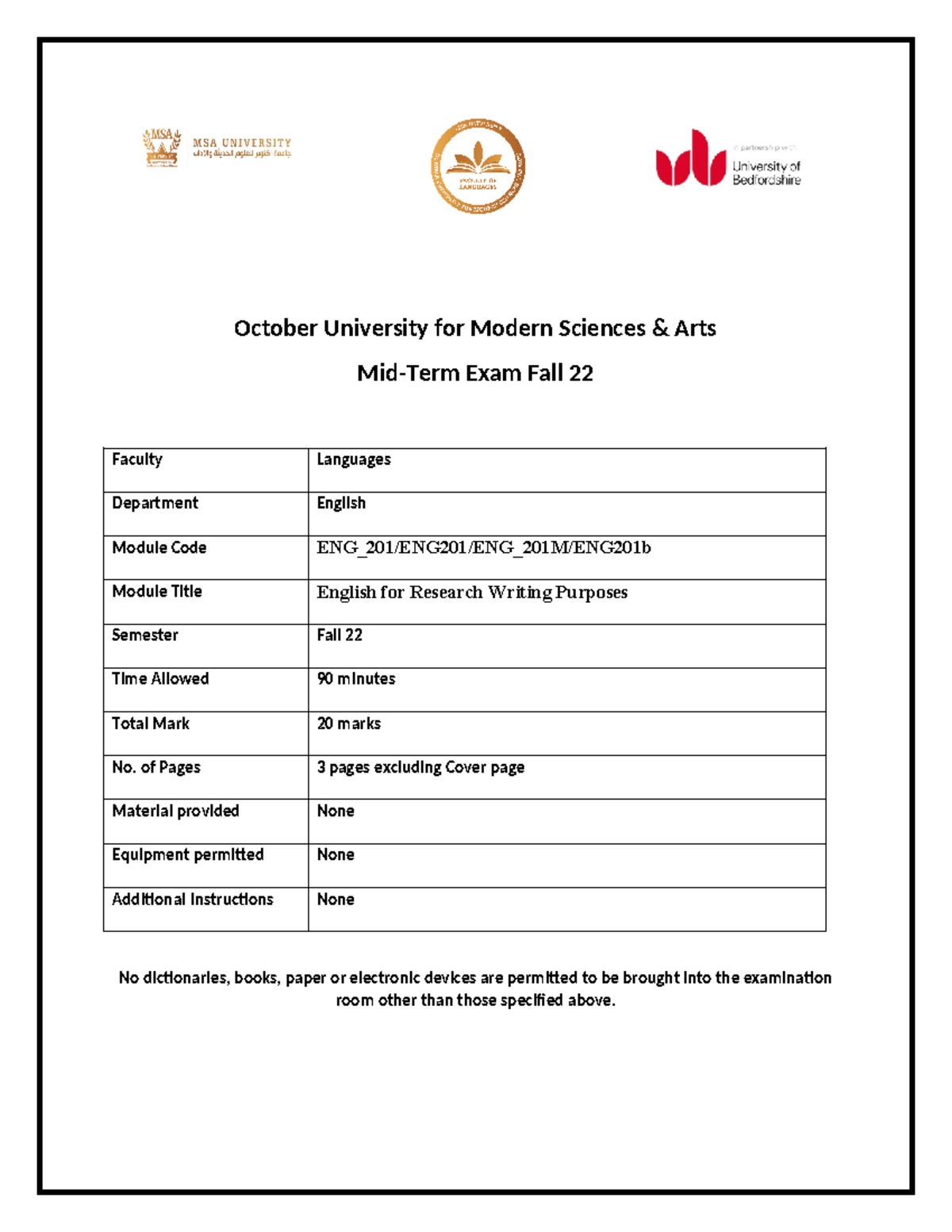 ENG201 Fall 22 Midterm Exam 2 - October University for Modern Sciences ...