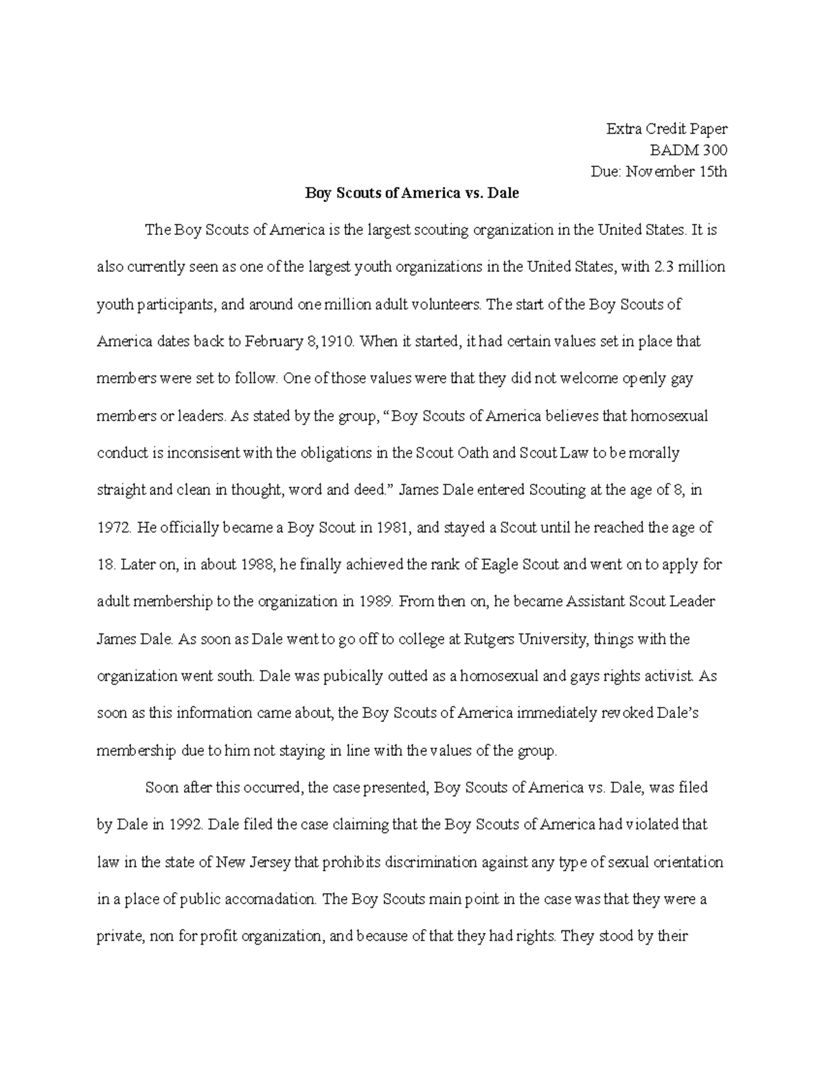 Extra Credit Paper - Grade: A+ - Extra Credit Paper BADM 300 Due ...