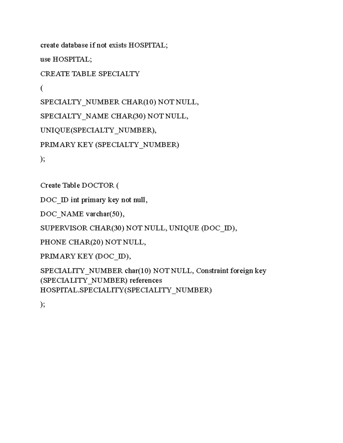 Programming Assignment Unit 5 Create Database If Not Exists Hospital Use Hospital Create 