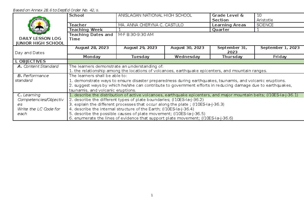 Science 10 First-Quarter-Week-1 - DAILY LESSON LOG JUNIOR HIGH SCHOOL ...