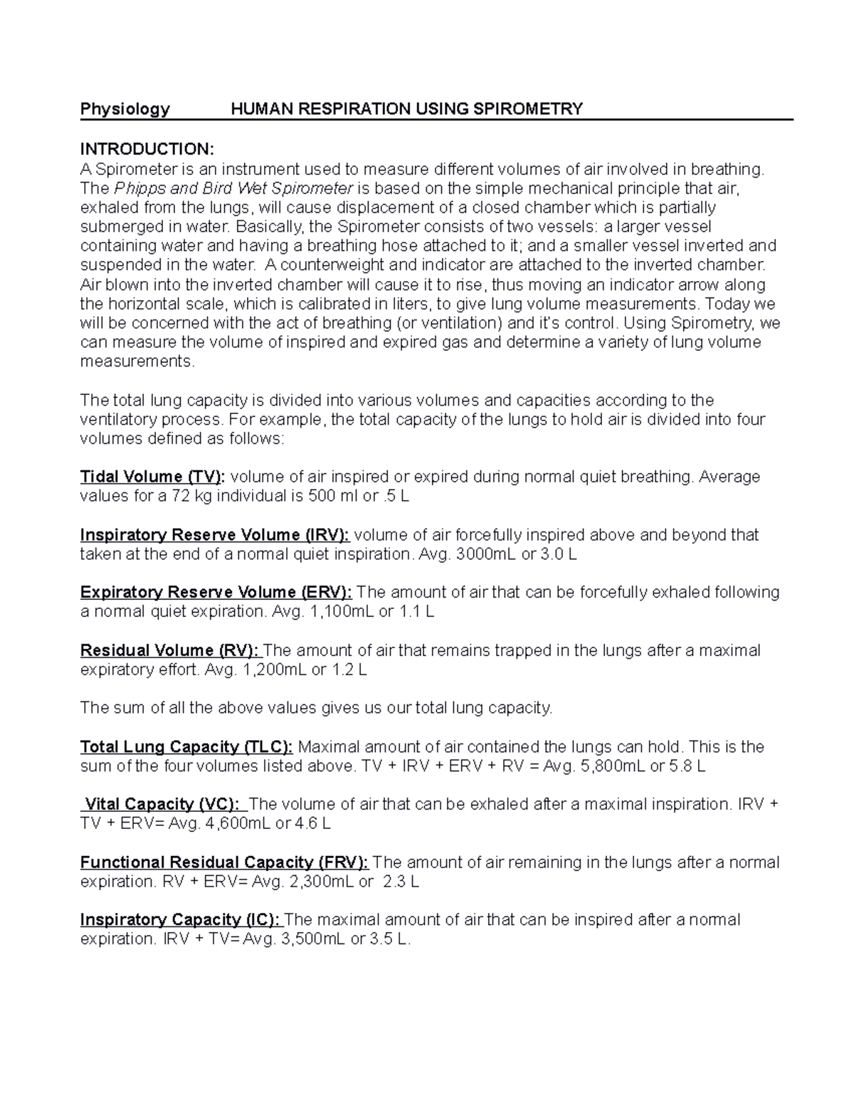 Spirometry Lab - It is a lab report on the spirometer. - Physiology ...