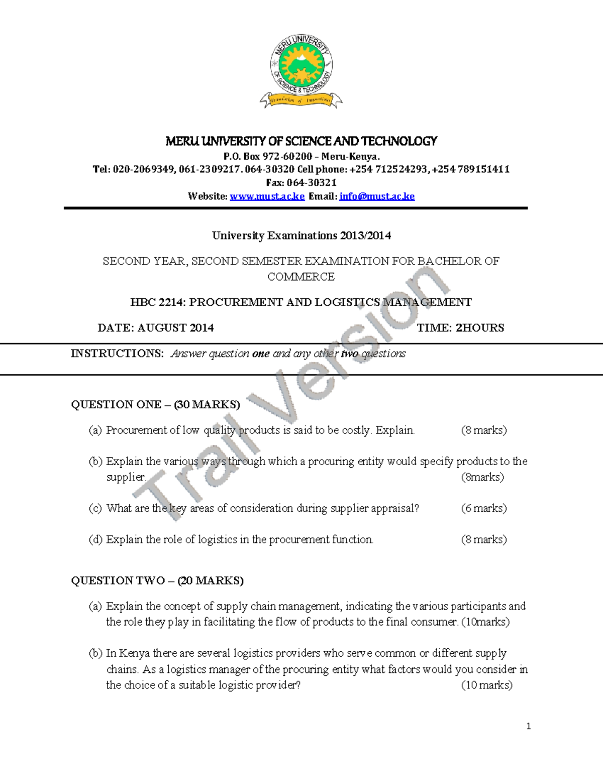 HBC 2214 Procurement Logistics Management - 1 MERU UNIVERSITY OF ...