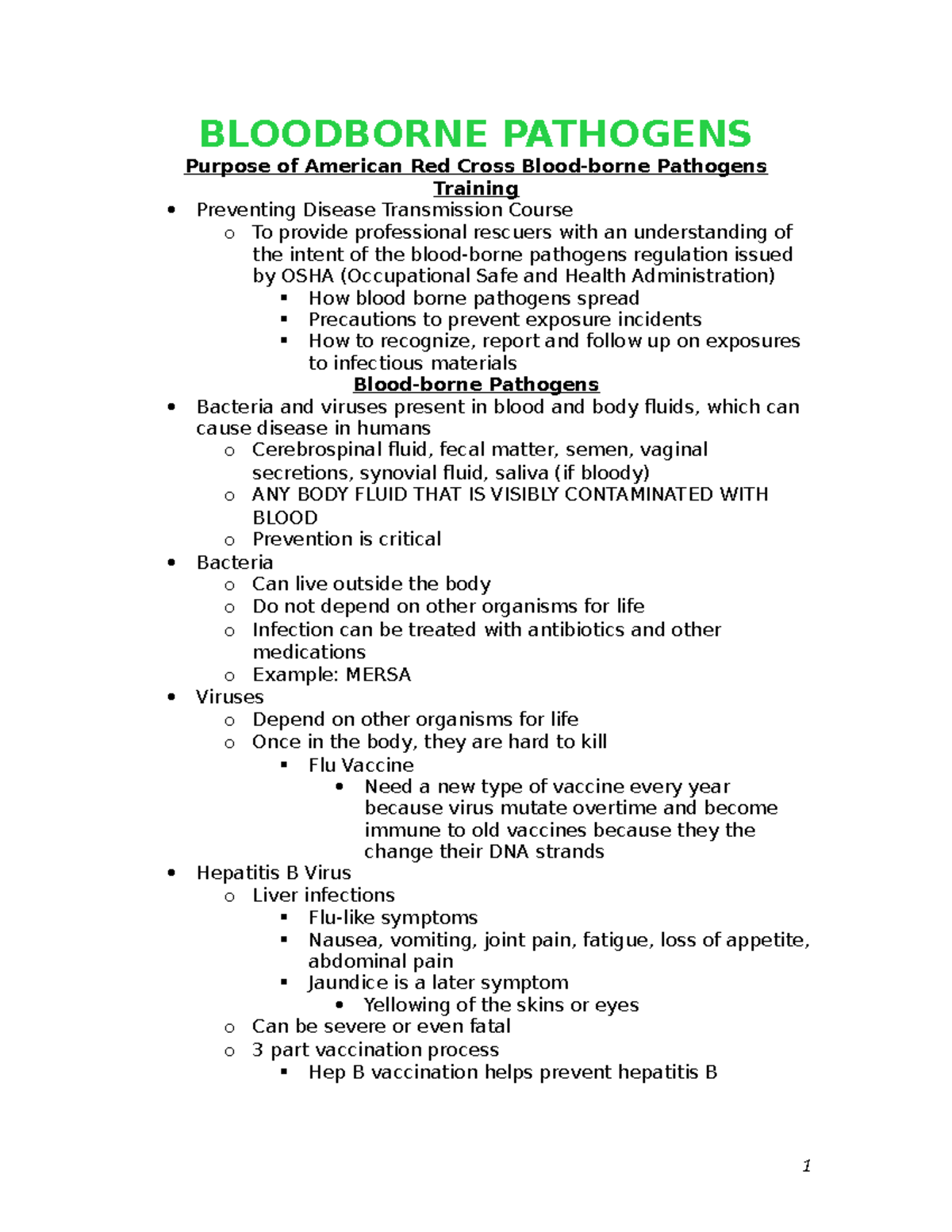 Bloodborne Pathogens - notes - BLOODBORNE PATHOGENS Purpose of American ...