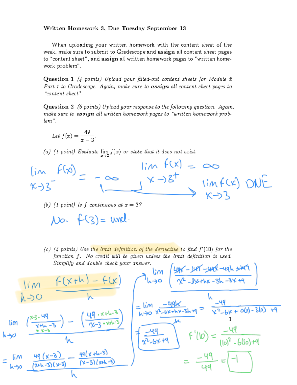 Written Homework 3 - Evaluating a limit of a function, using continuity rules to determine ...