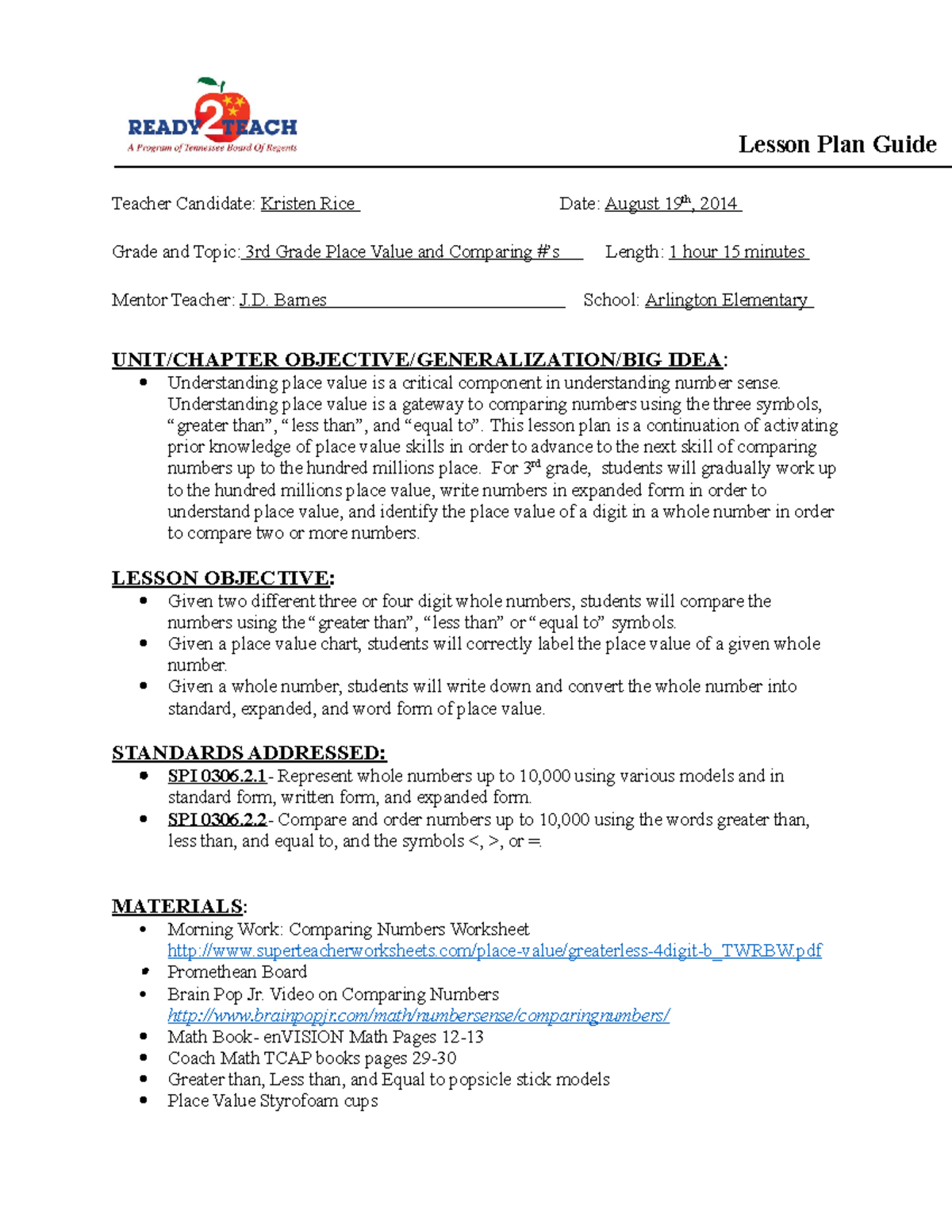 Comparing Numbers Lesson Plan-1 - Teacher Candidate: Kristen Rice Date ...