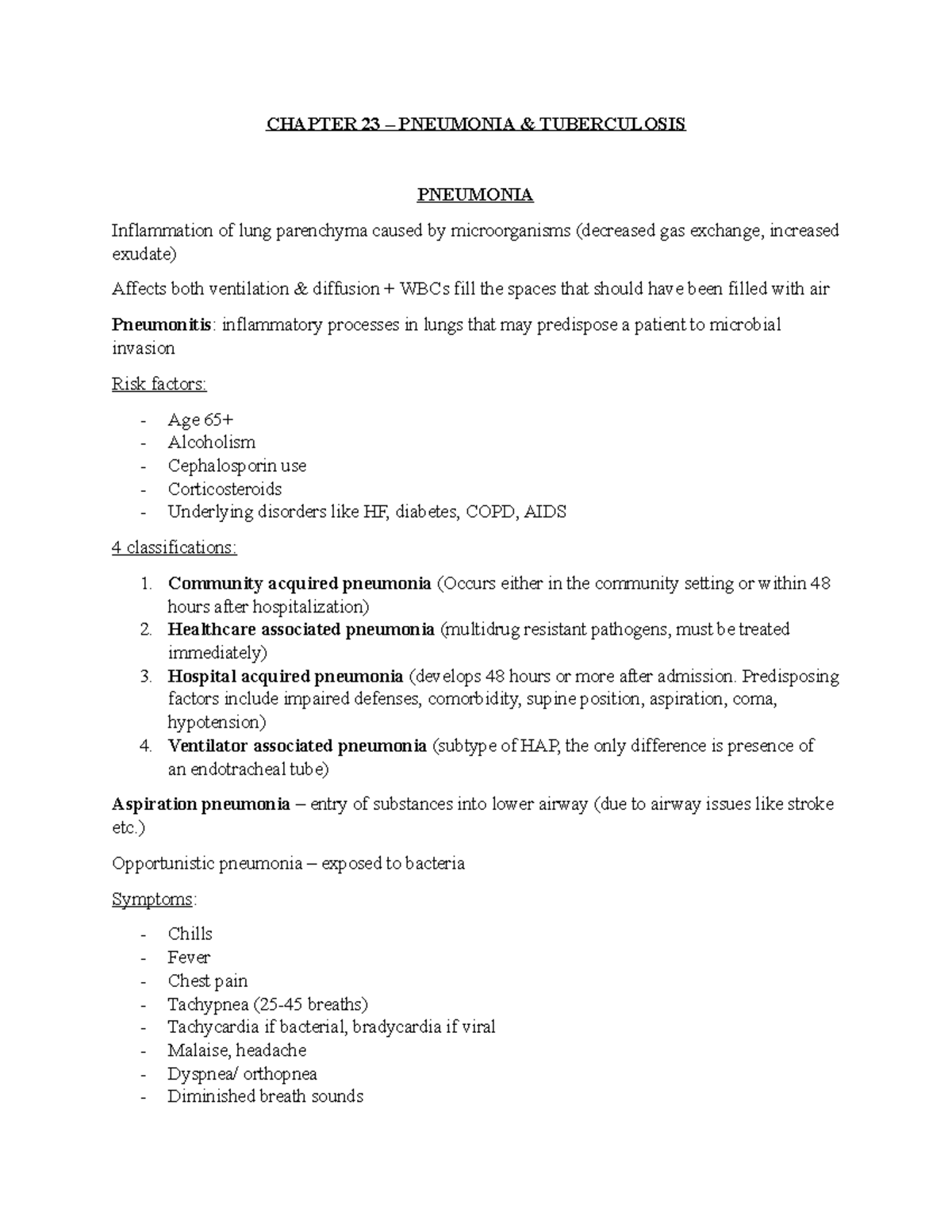 Pneumonia & TB - notes - CHAPTER 23 – PNEUMONIA & TUBERCULOSIS ...