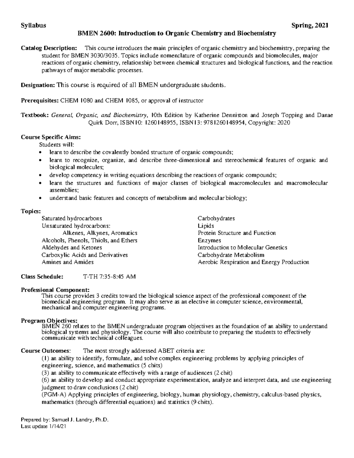 BMEN-2600-Syllabus - BMEN 2600 Intro to Organic and Biochemistry ...