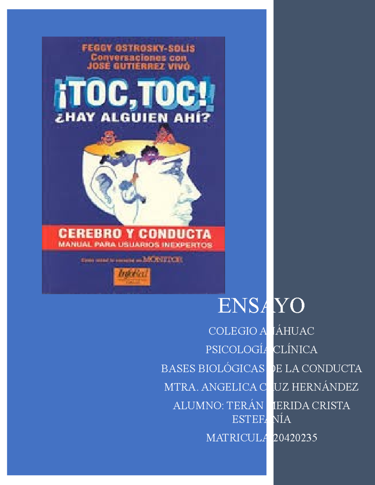 Ensayo del libro toc toc hay alguien ahi ceregro y conducta - ENSAYO COLEGIO ANÁHUAC PSICOLOGÍA ...