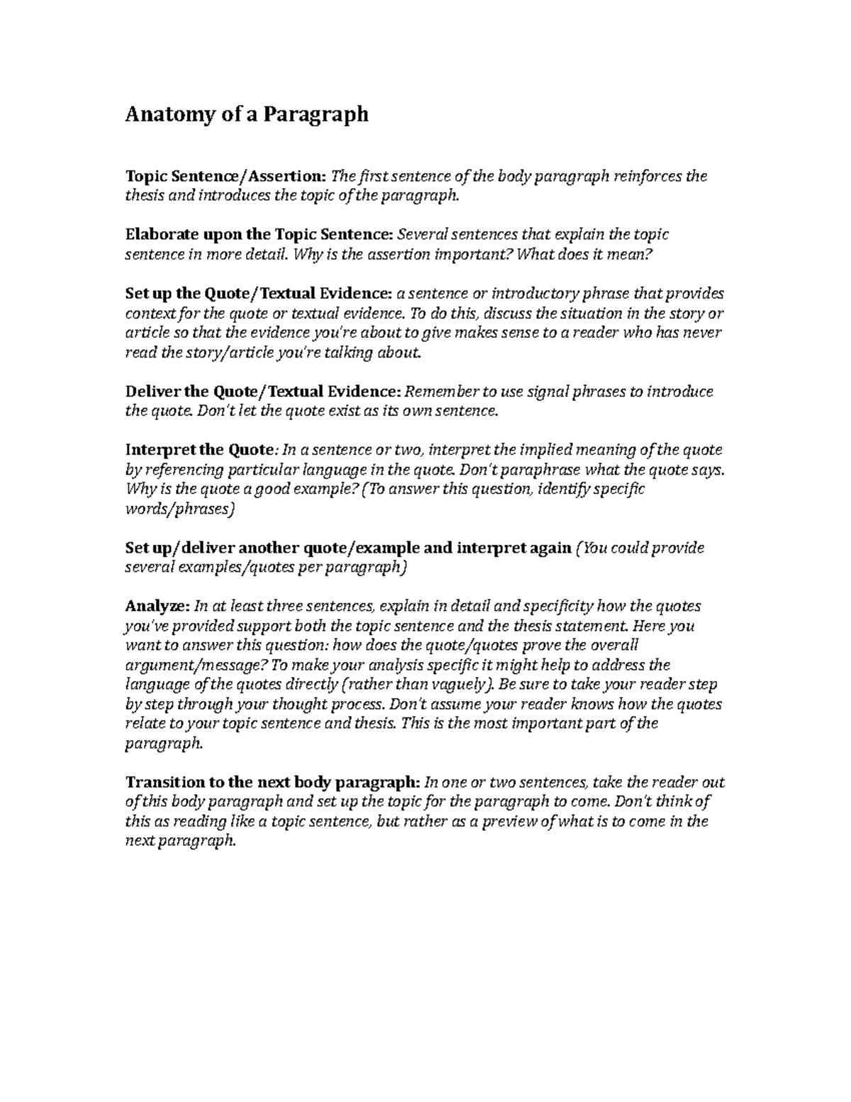 Anatomyofa Paragraph and its - Anatomy of a Paragraph Topic Sentence ...