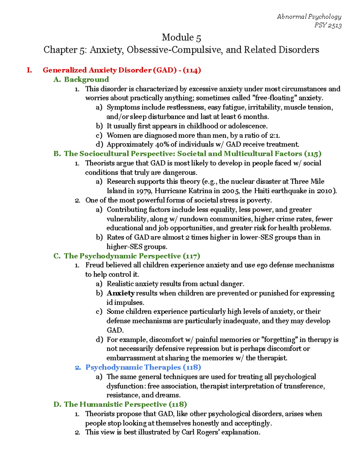 PSY 2513 Abnormal Psychology Module 5 Chapter 5 Anxiety, Obsessive ...
