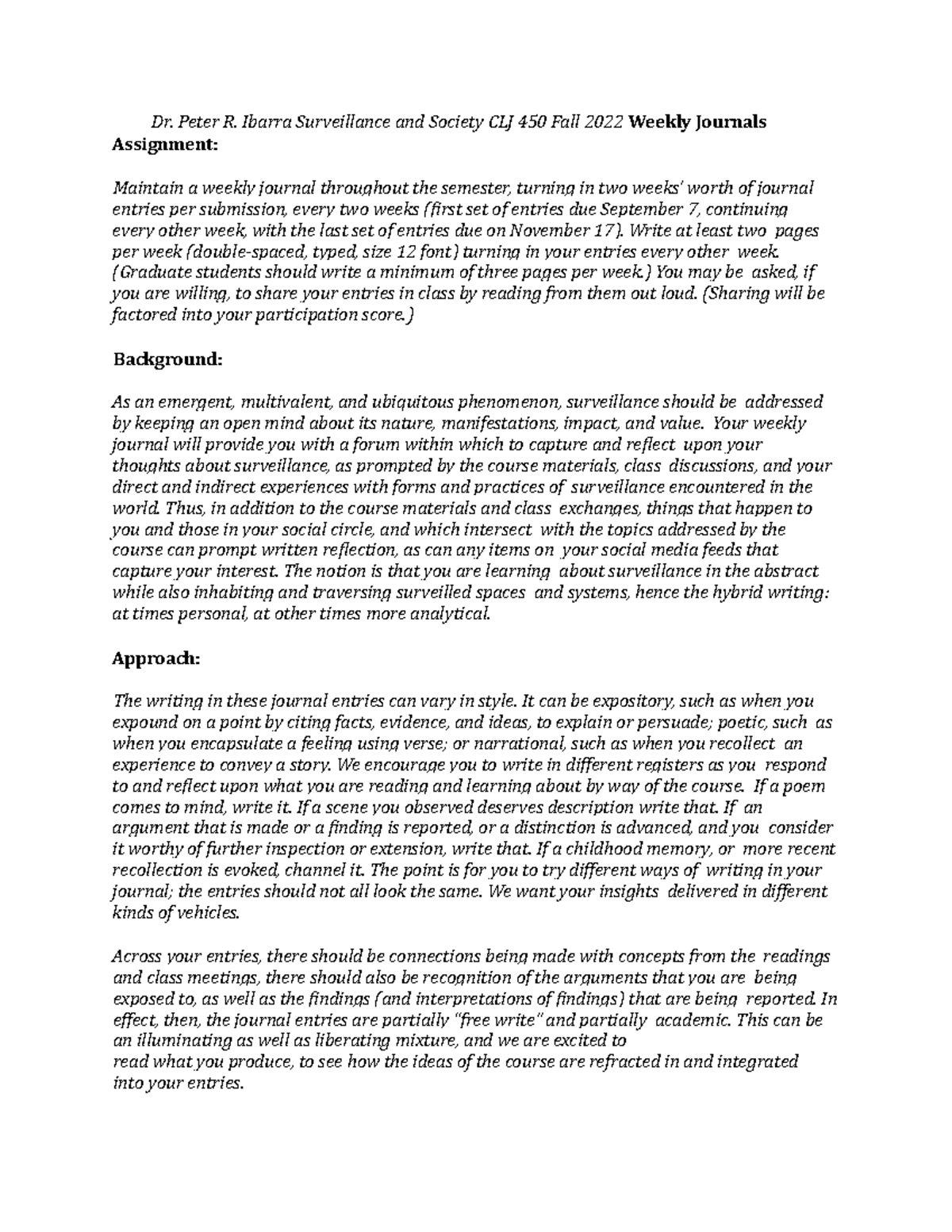 CLJ 450 Weekly Journals Fall 2022 - Dr. Peter R. Ibarra Surveillance ...