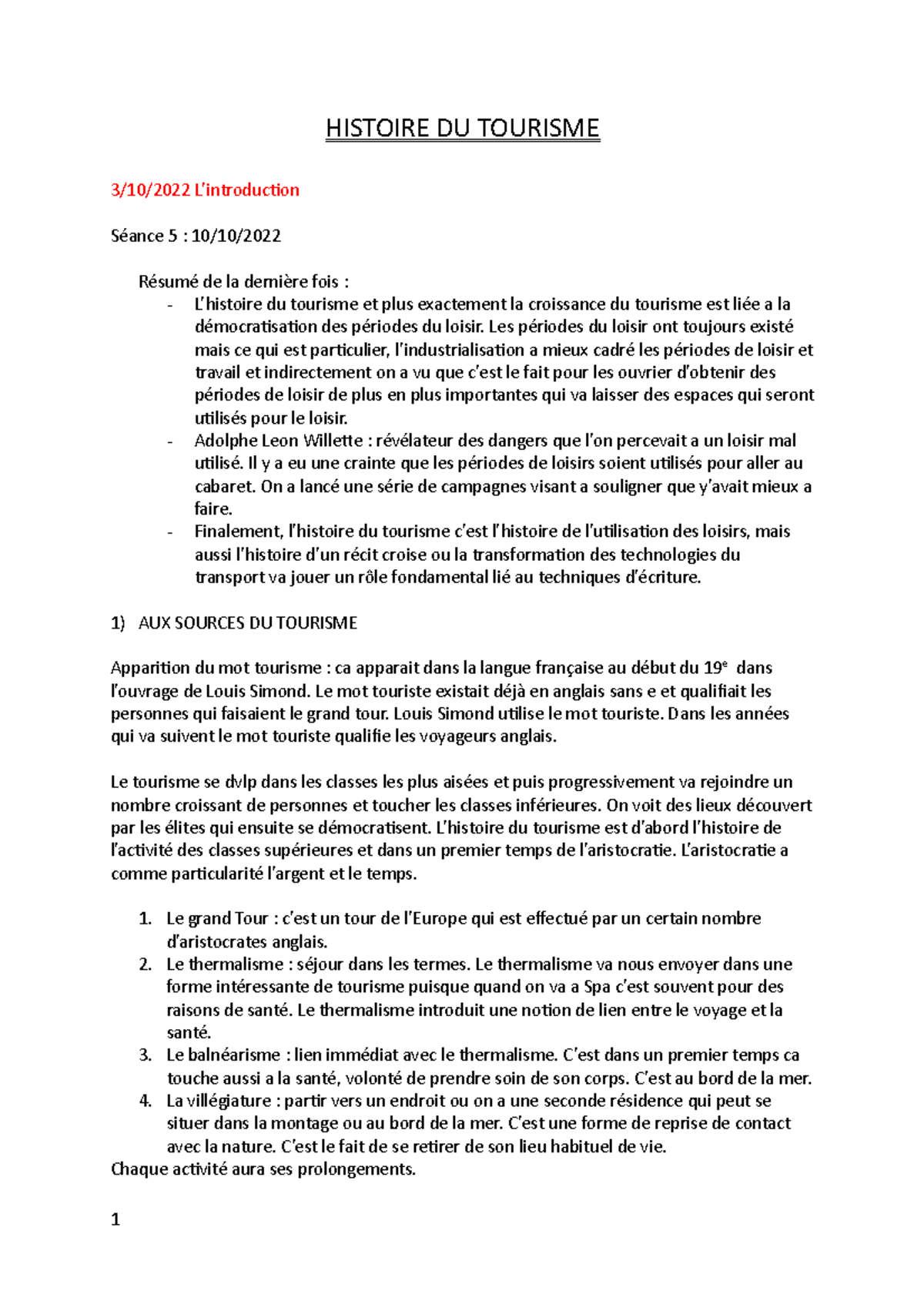 Tourf 415 histoire - notes de cours - HISTOIRE DU TOURISME 3/10/2022 L ...