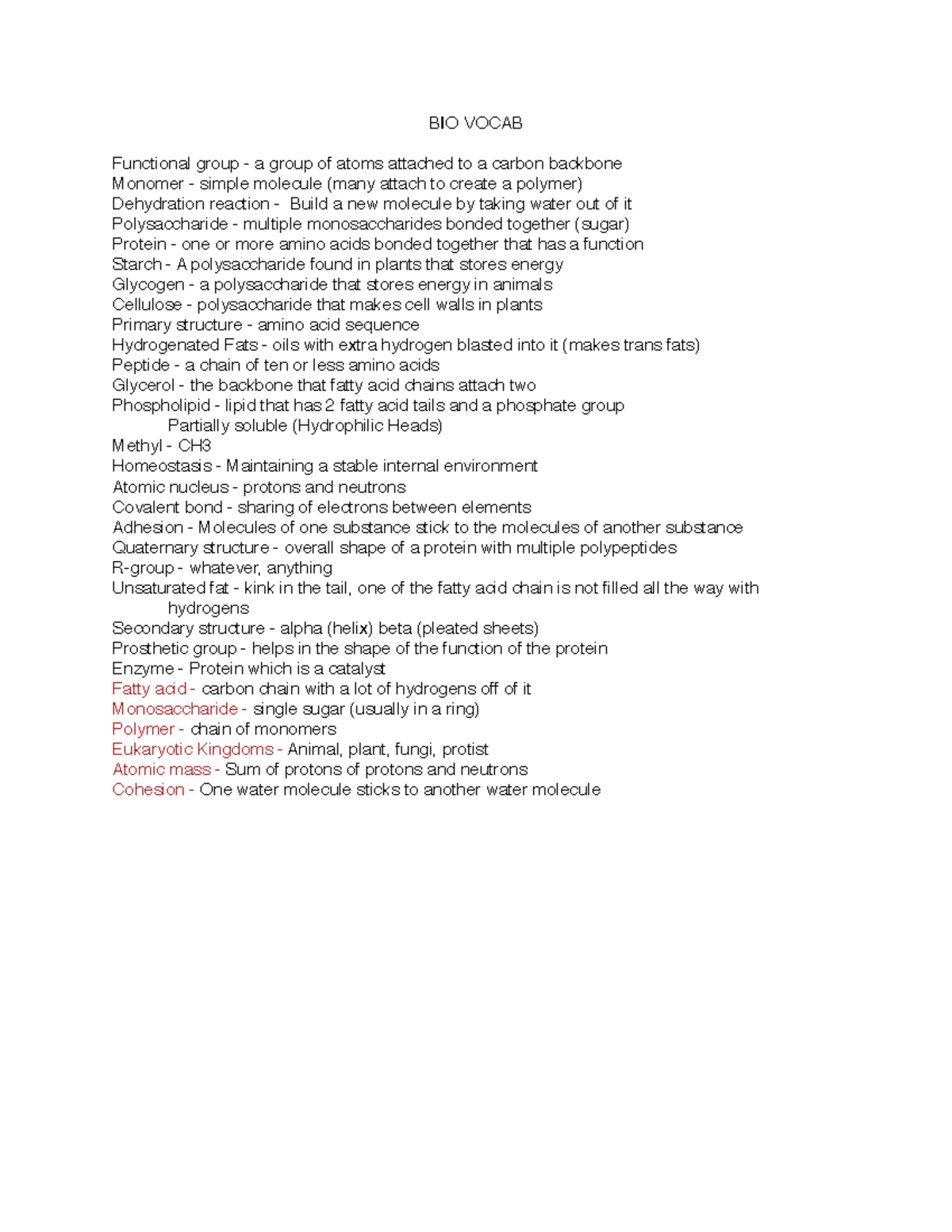 Biology vocabulary - BIO VOCAB Functional group a group of atoms ...