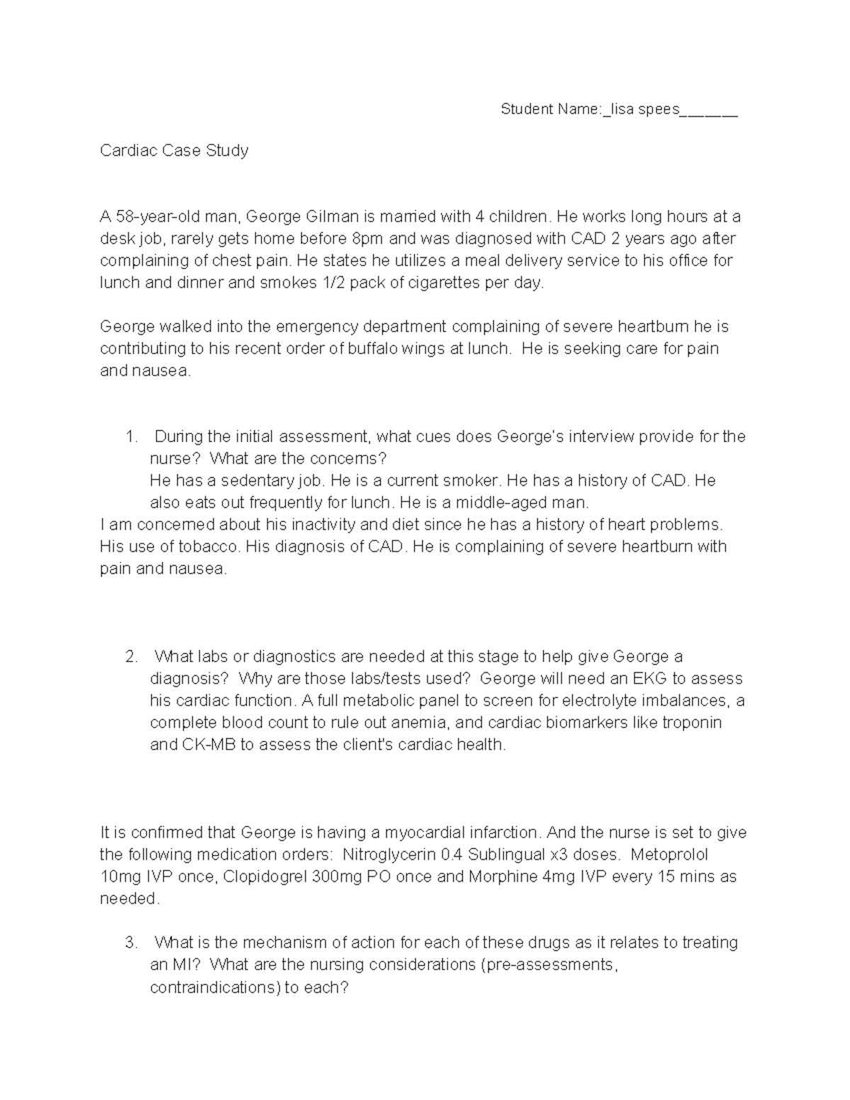 N105Cardiac Case study rev 9 - Student Name:lisa spees______ Cardiac ...