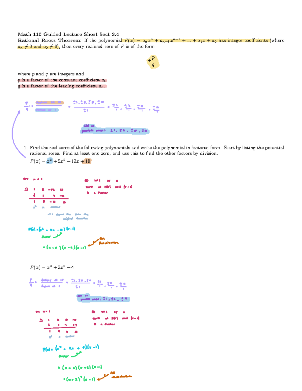 Lecture Notes 3.4 - Math 110 Guided Lecture Sheet Sect 3. Rational ...