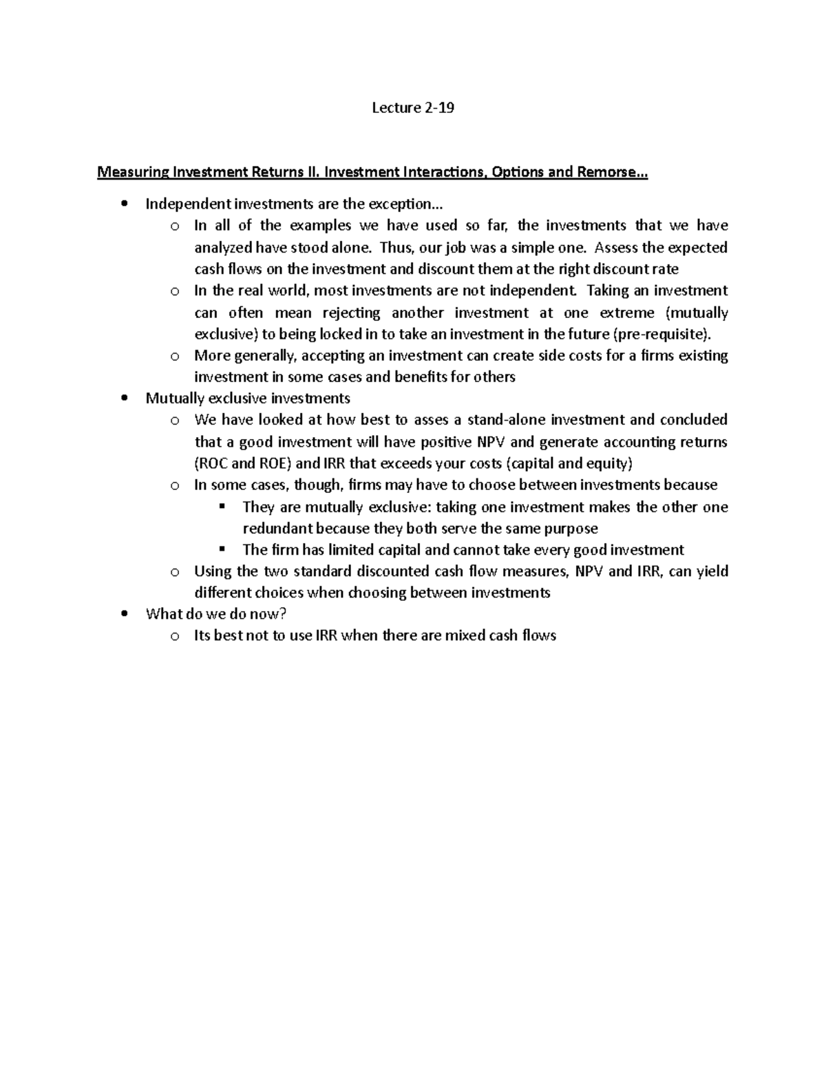Lecture 2-19 - Lecture 2-19 Measuring Investment Returns II. Investment ...