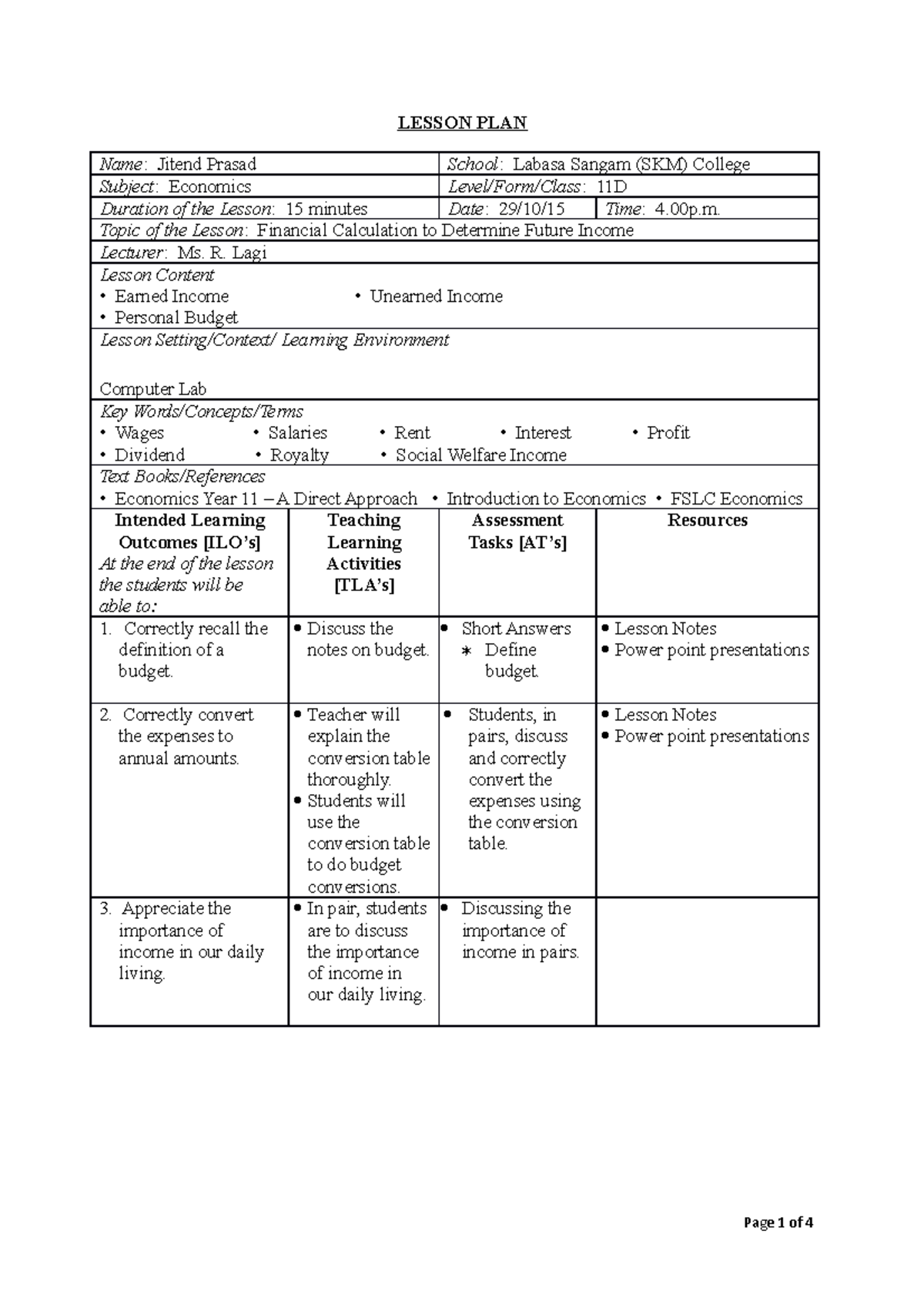 Lesson Plan - mln jnk - LESSON PLAN Name: Jitend Prasad School: Labasa ...