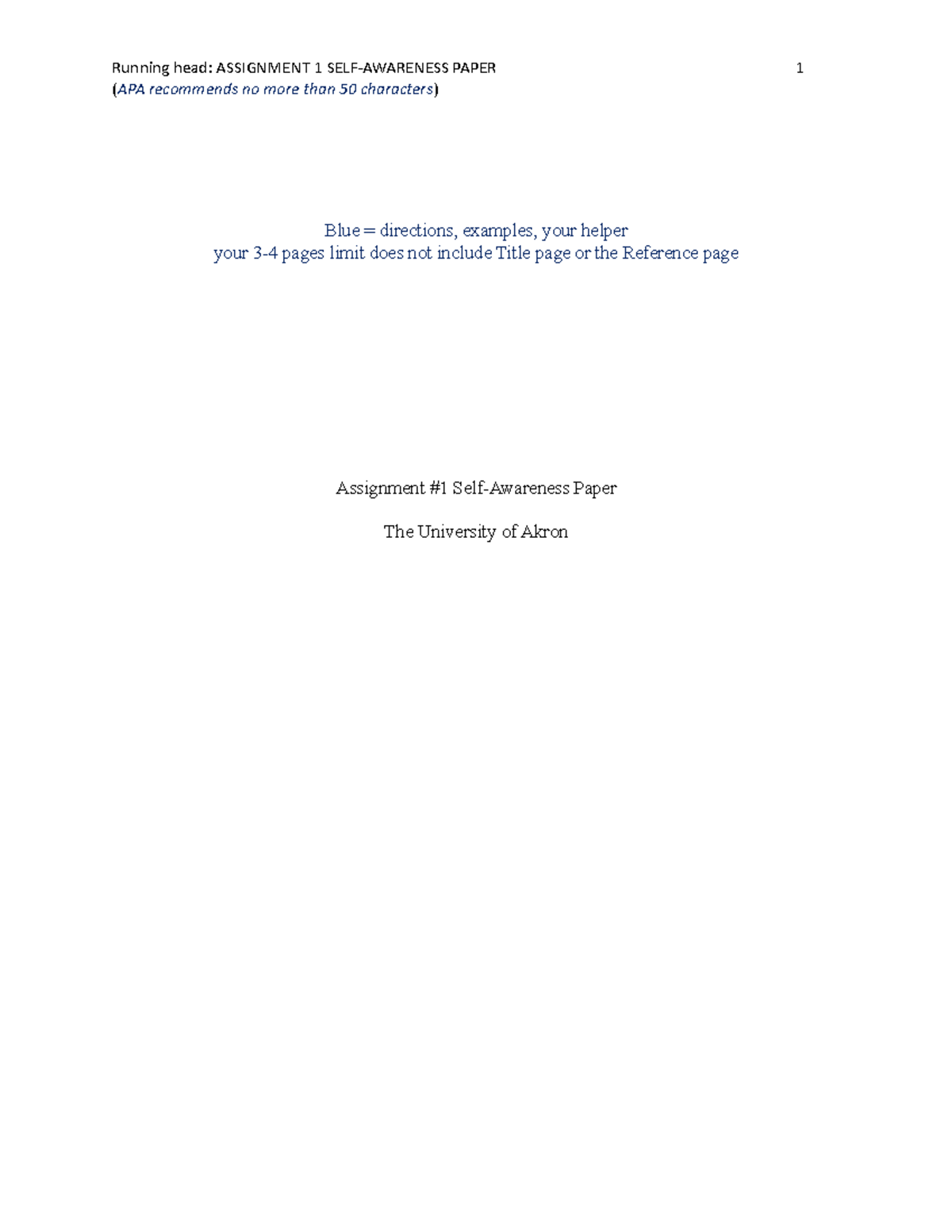 Self Awareness Template APA - Running head: ASSIGNMENT 1 SELF-AWARENESS ...