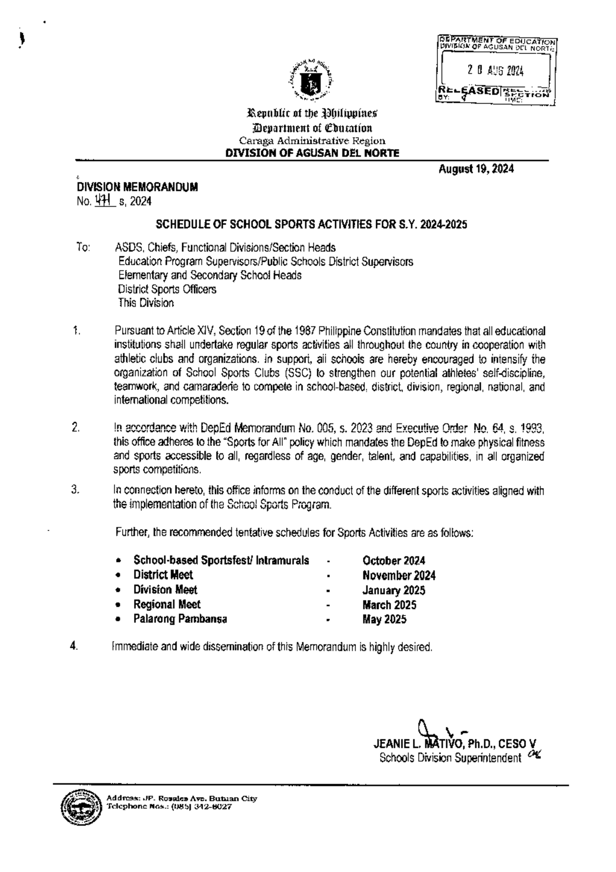 DM471s2024 Schedule of School Sports Activities for SY 2024 2025 ...
