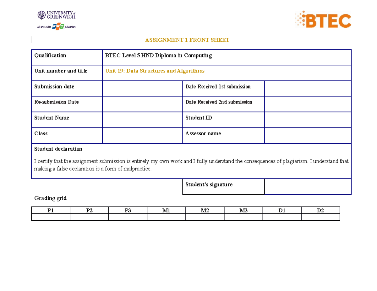 1 Unit-19-Assignment-1lta - ASSIGNMENT 1 FRONT SHEET Qualification BTEC Level 5 HND Diploma in ...