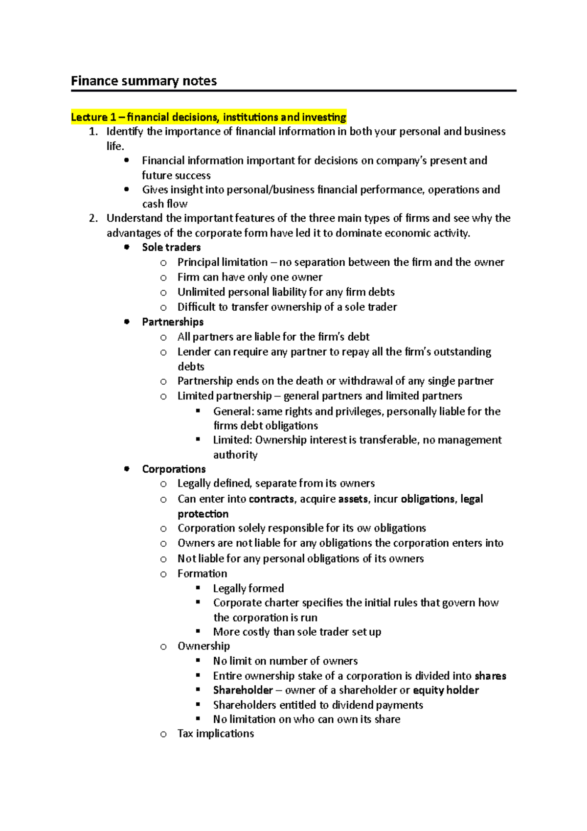 Finance Lecture 1-11 summary notes - Finance summary notes Lecture 1 ...