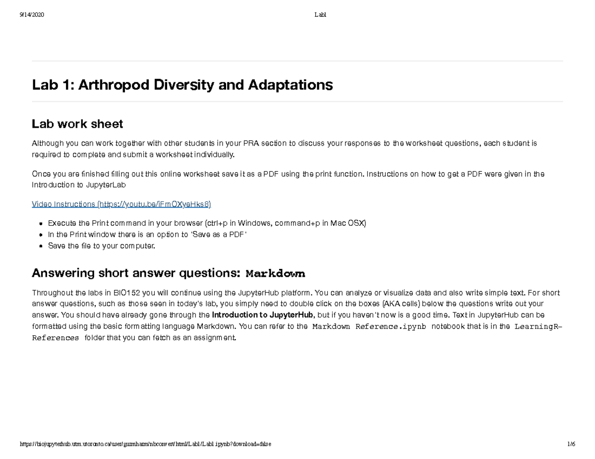 Lab1 - Lab 1: Arthropod Diversity and Adaptations Lab work sheet ...