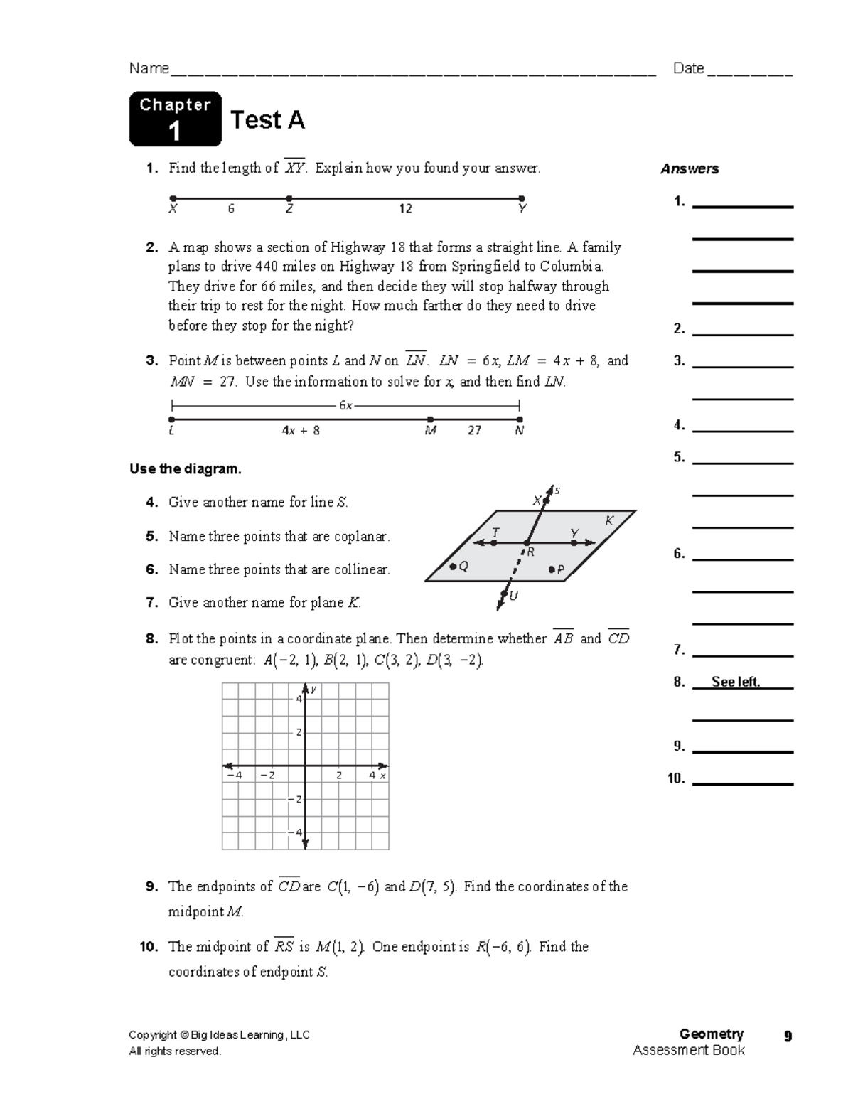 Geo assessment ch-1-testa - Copyright © Big Ideas Learning, LLC ...