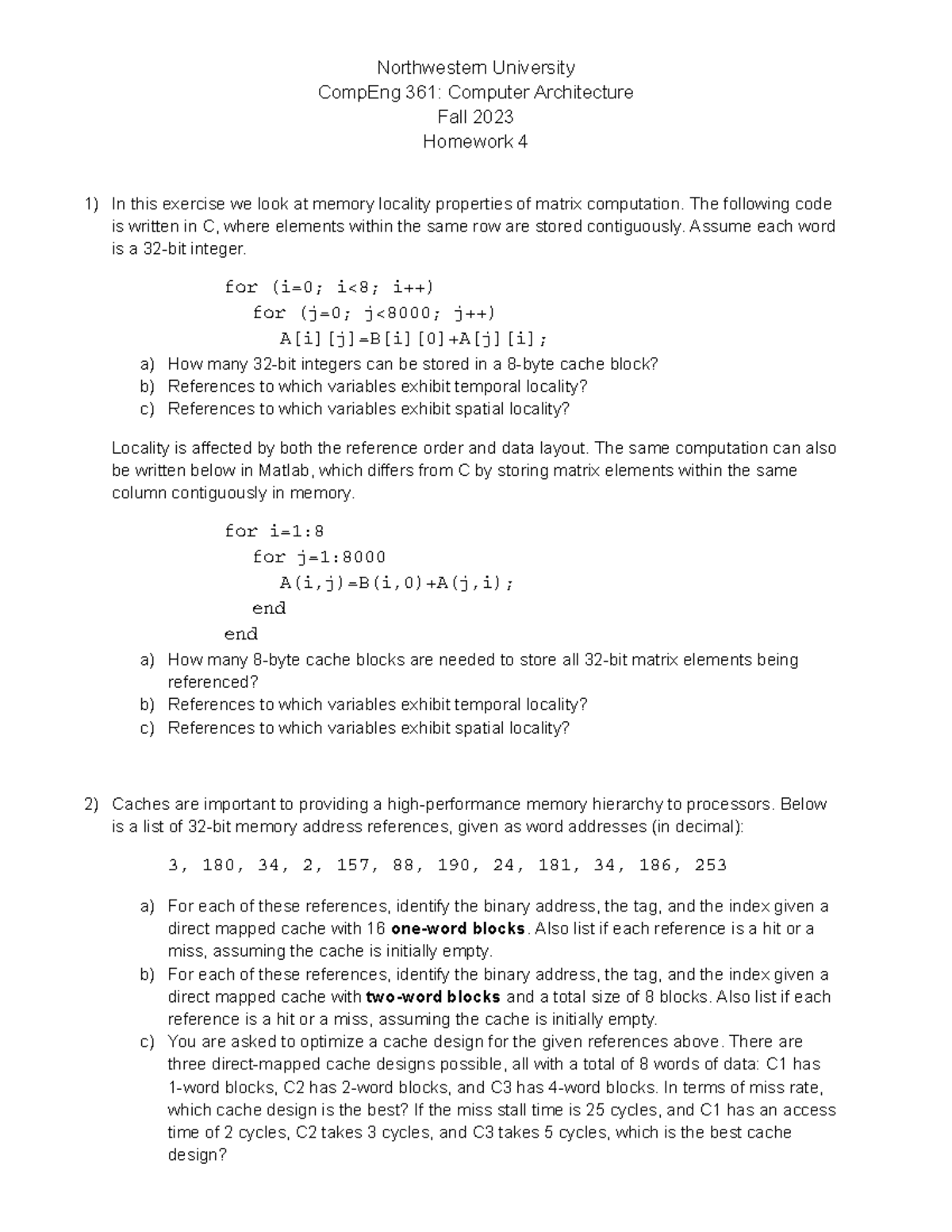 Comp Eng 361 Homework 4 Northwestern University Compeng 361 Computer Architecture Fall 2023