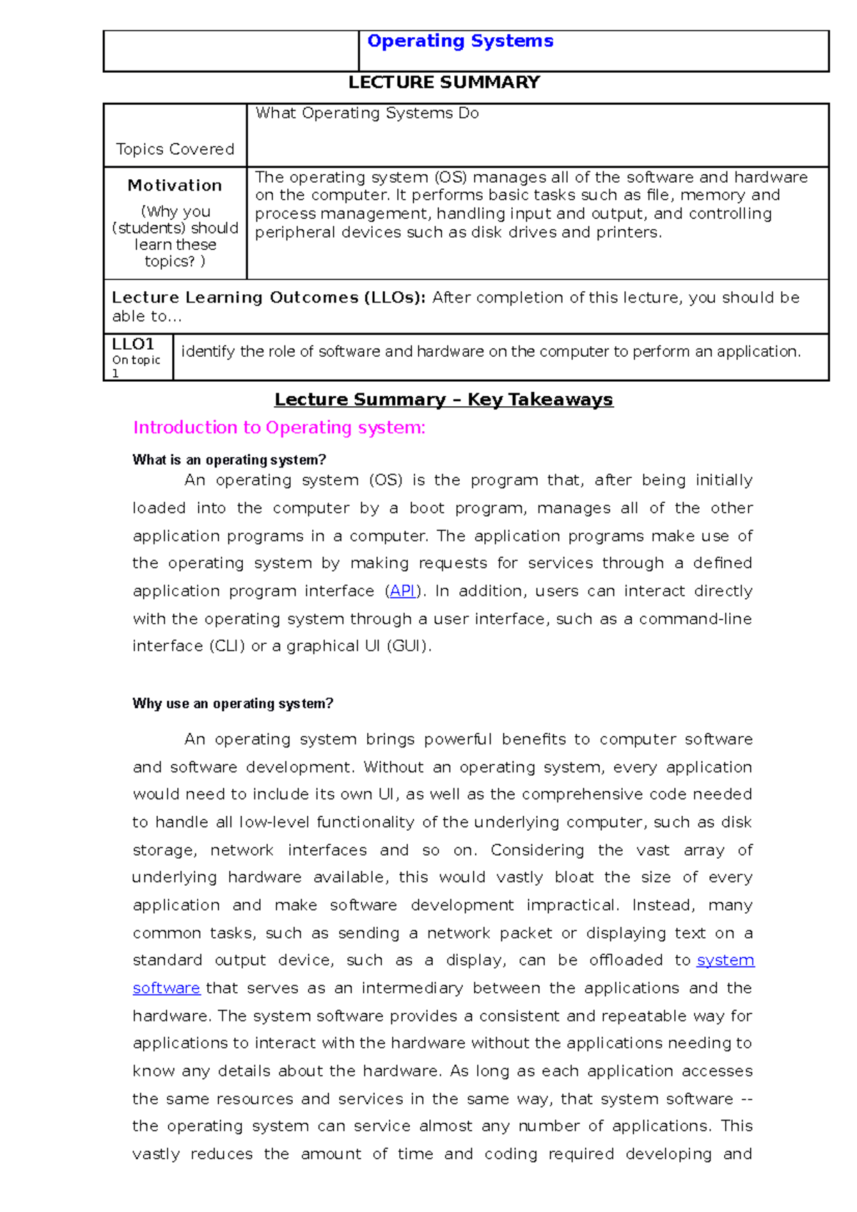 What Operating Systems Do - LECTURE SUMMARY Topics Covered What ...