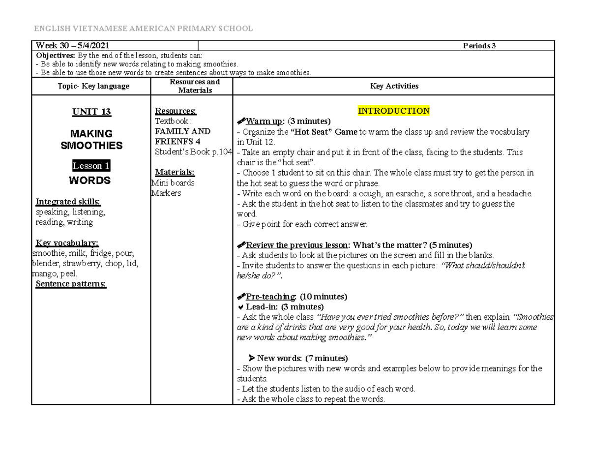 Lesson PLAN - week 30 - English 4.1 - Katty - ENGLISH VIETNAMESE ...