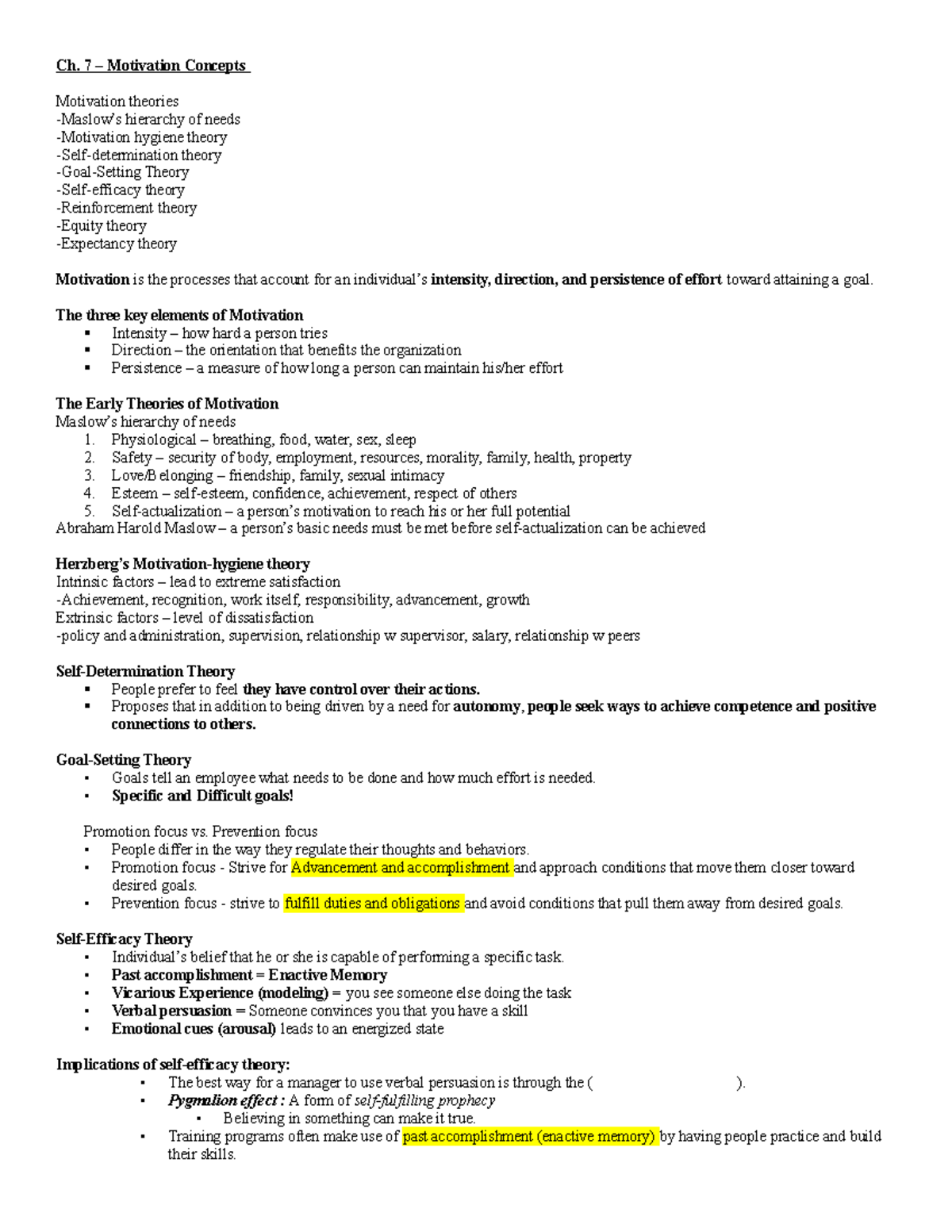 Ch. 7 notes - Ch. 7 – Motivation Concepts Motivation theories -Maslow’s ...