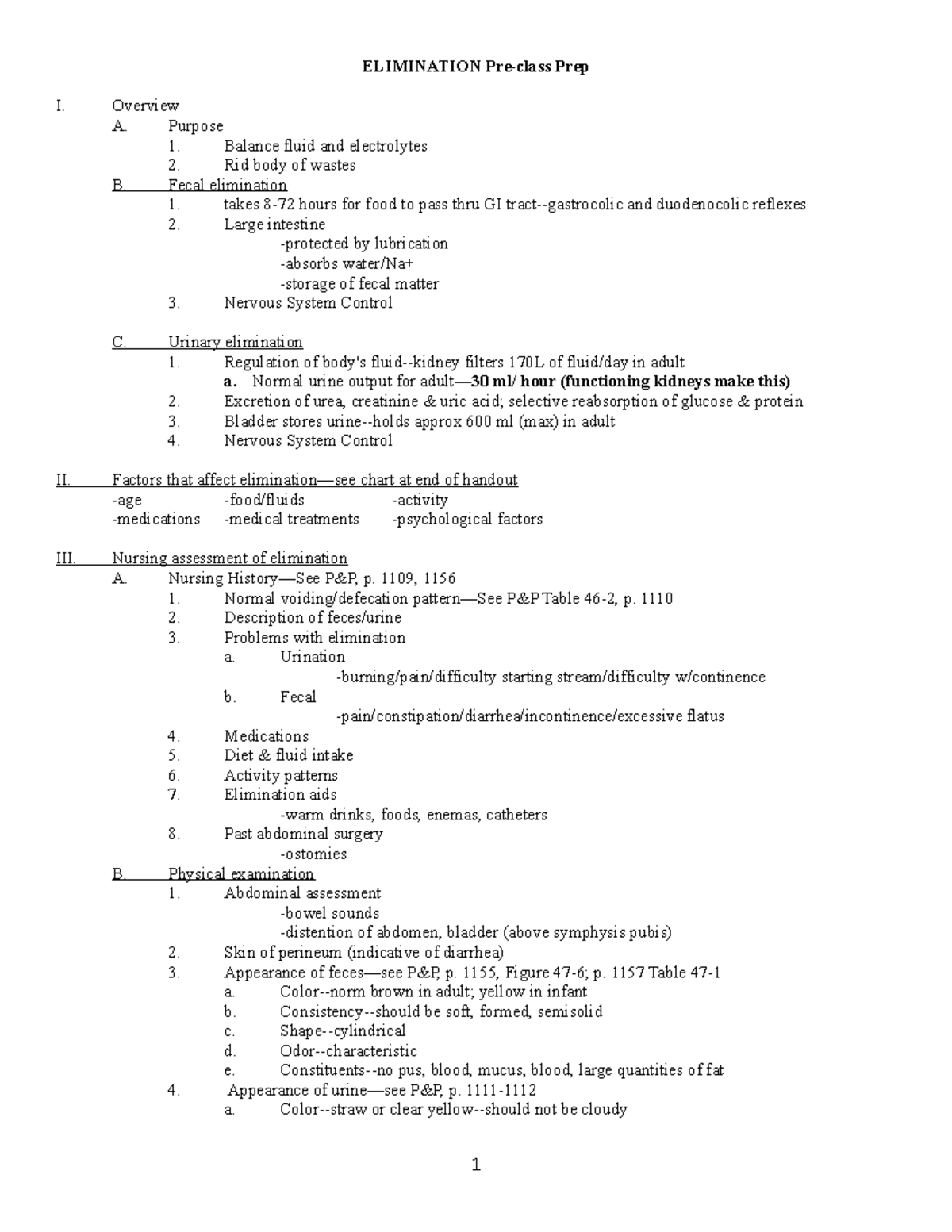 Elimination Handout - ELIMINATION Pre-class Prep I. Overview A. Purpose ...