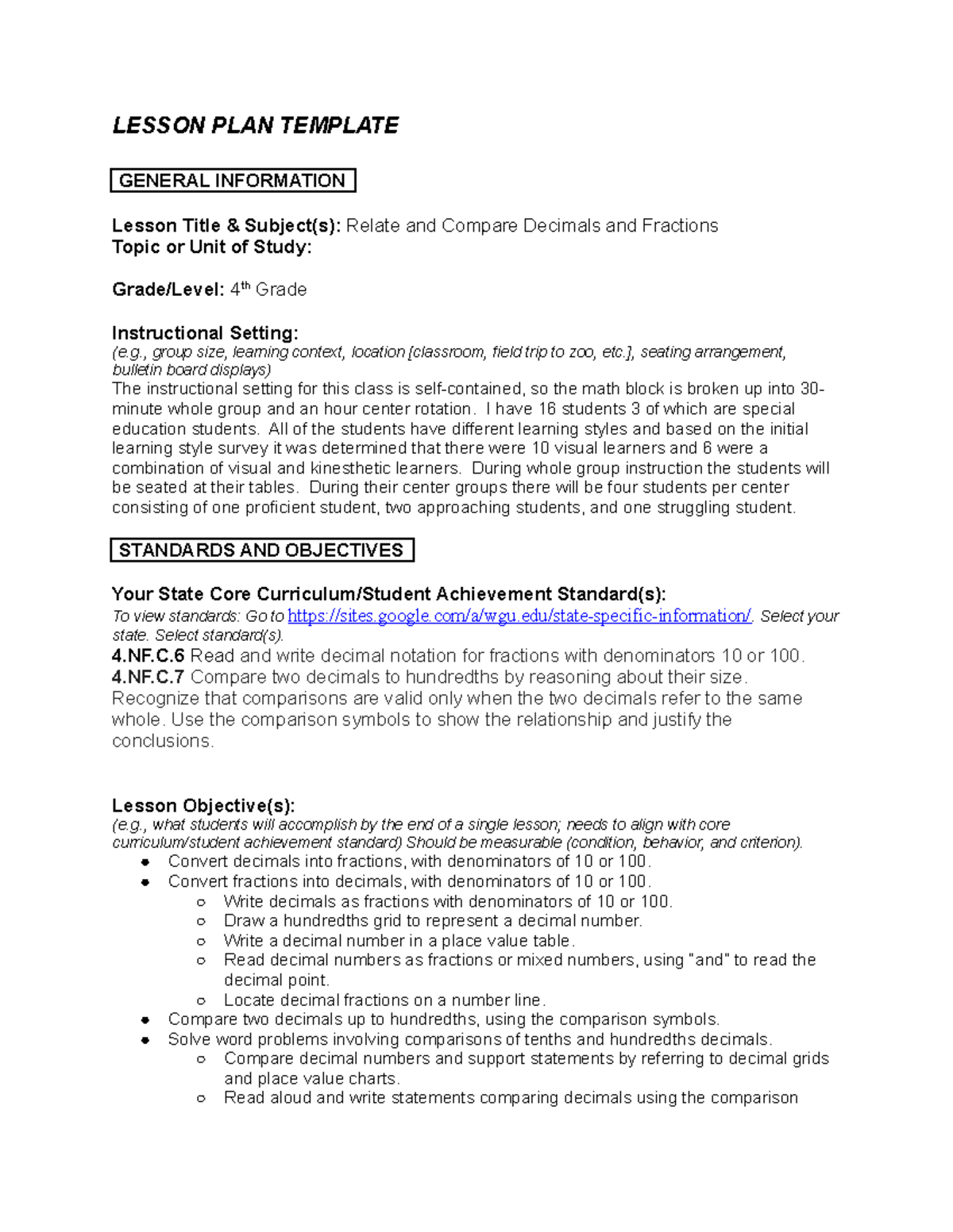 Fractions to Decimals Lesson Plan - LESSON PLAN TEMPLATE GENERAL ...