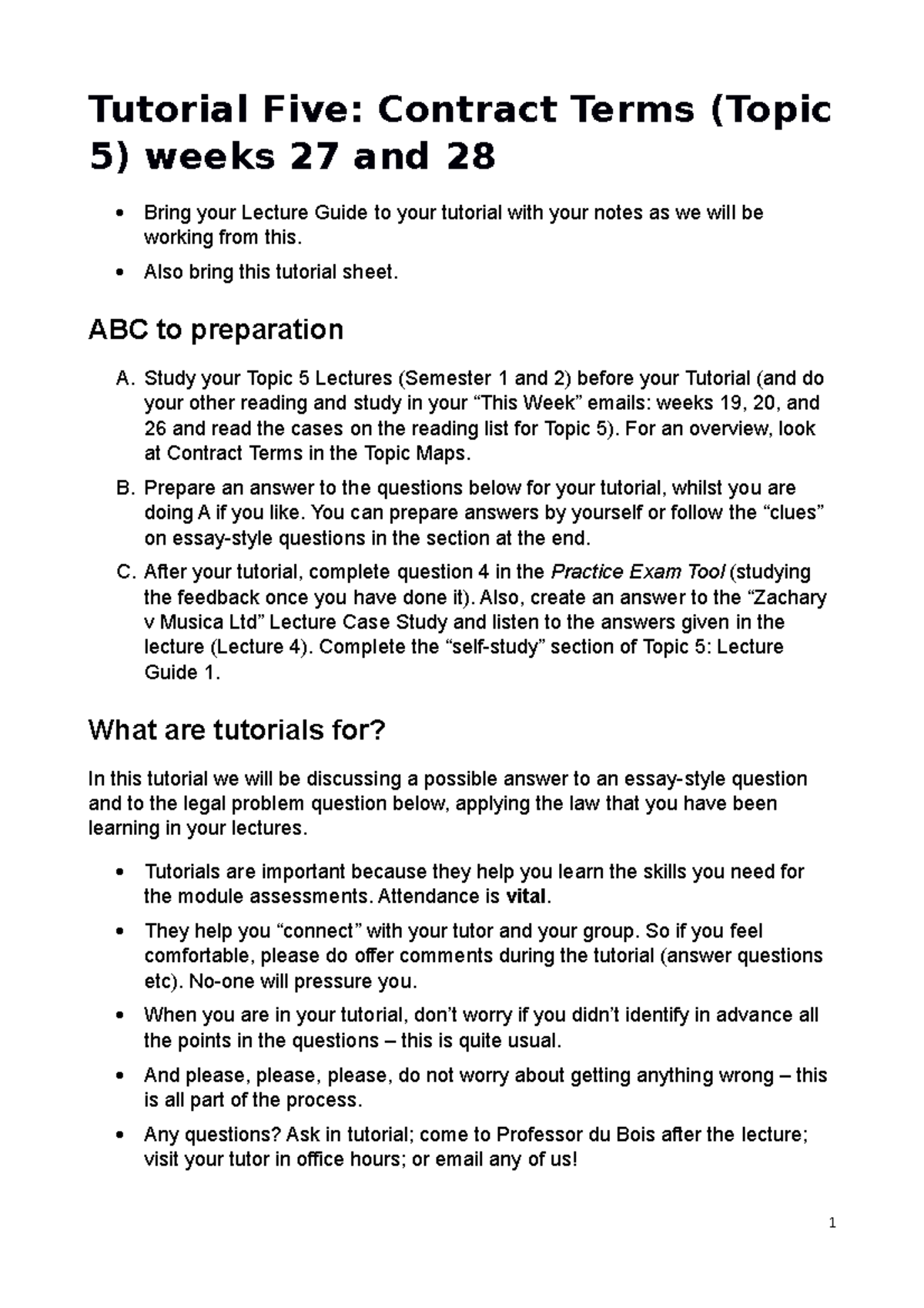 000000 Contract T5 Tutorial LW 2130 - Tutorial Five: Contract Terms (Topic 5) weeks 27 and 28 ...