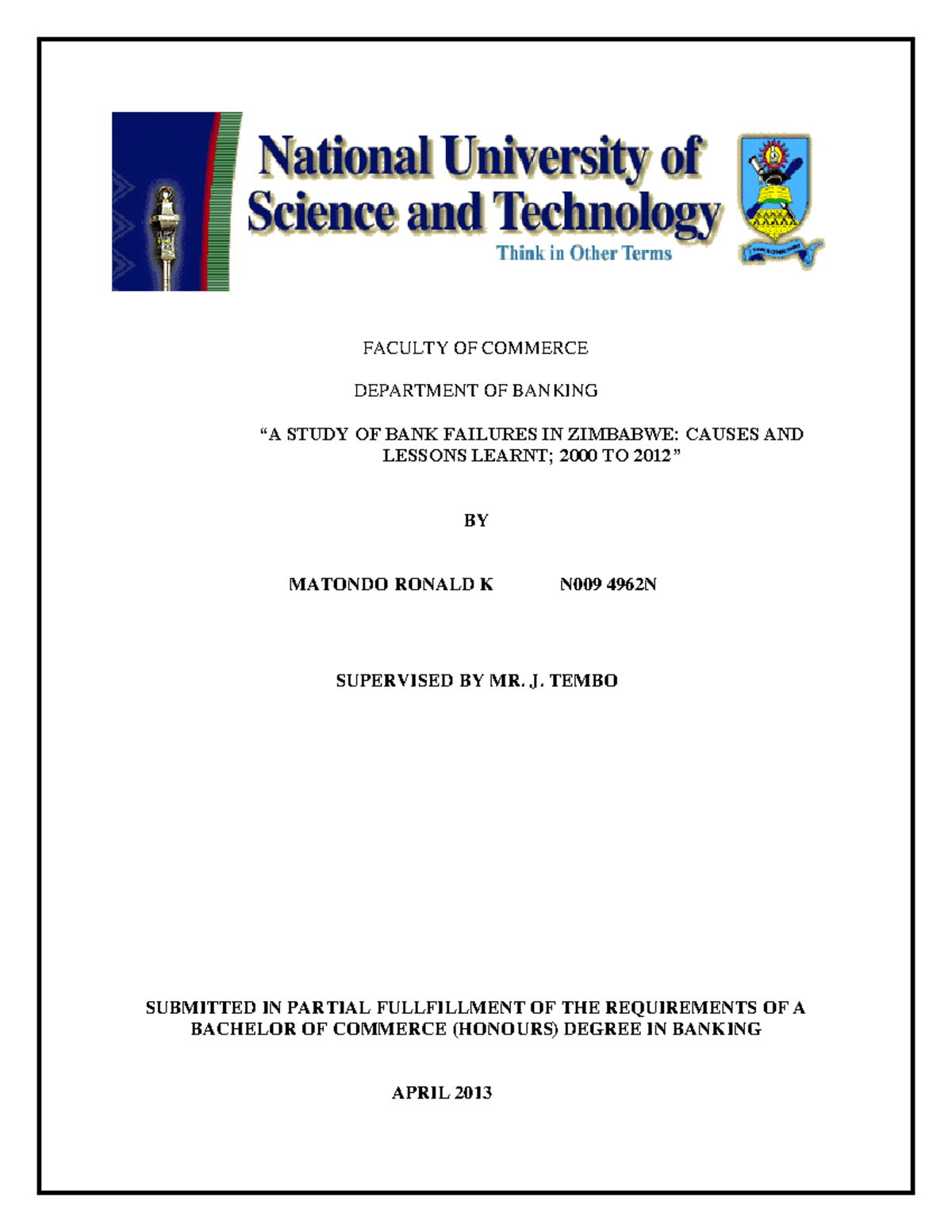 N009 4962N Ronald K Matondo Final Draft Project - FACULTY OF COMMERCE ...