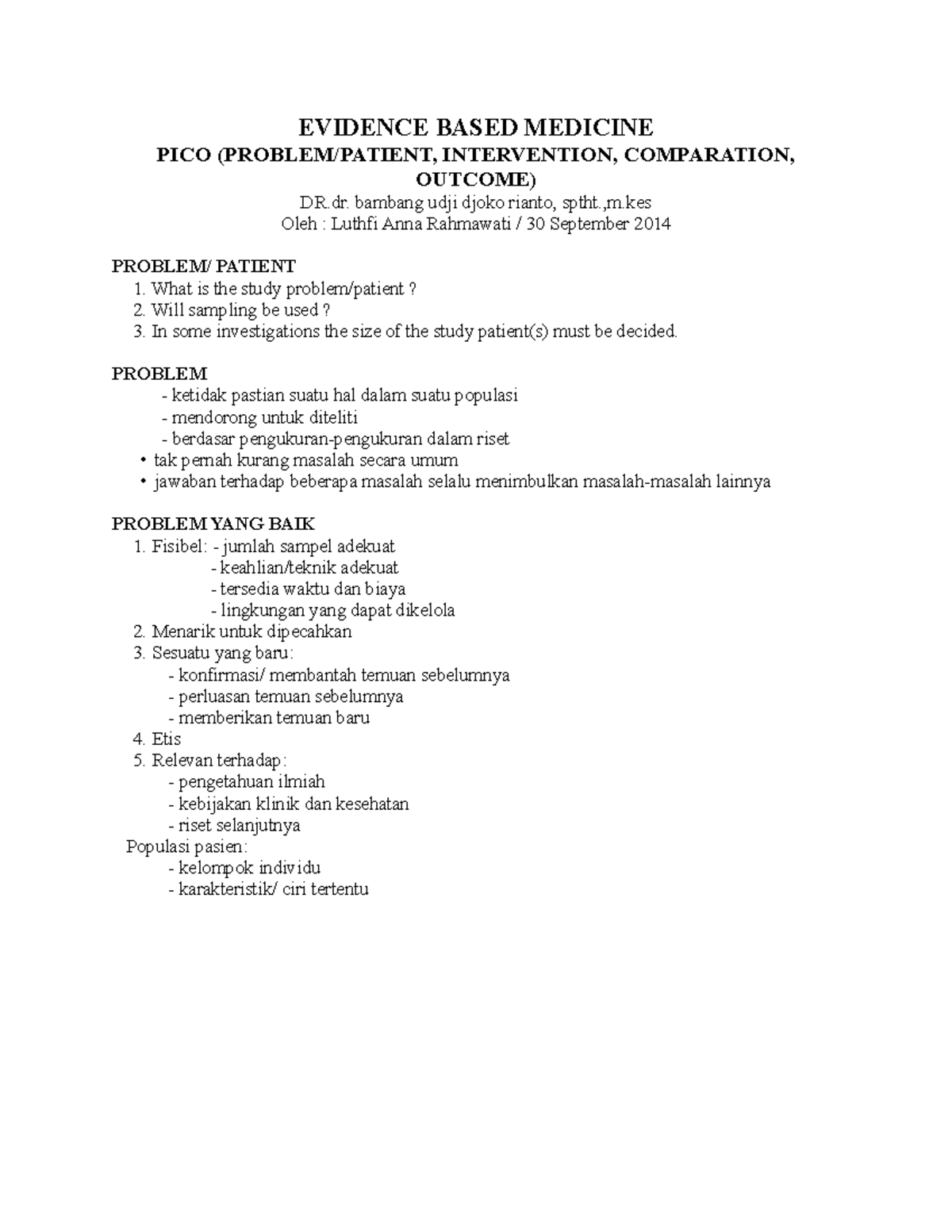 Evidence Based Medicine - EVIDENCE BASED MEDICINE PICO (PROBLEM/PATIENT ...