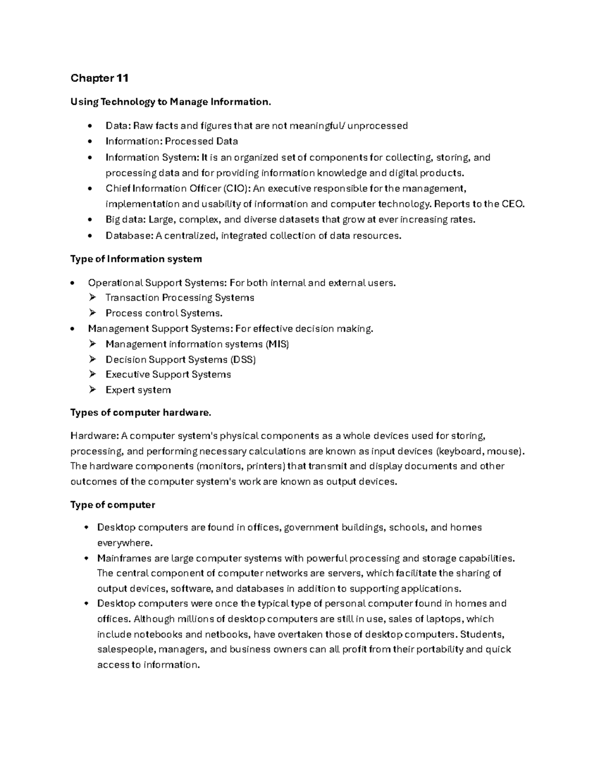 Chapter 11 - Summary Introduction to Business II - Chapter 11 Using Technology to Manage - Studocu