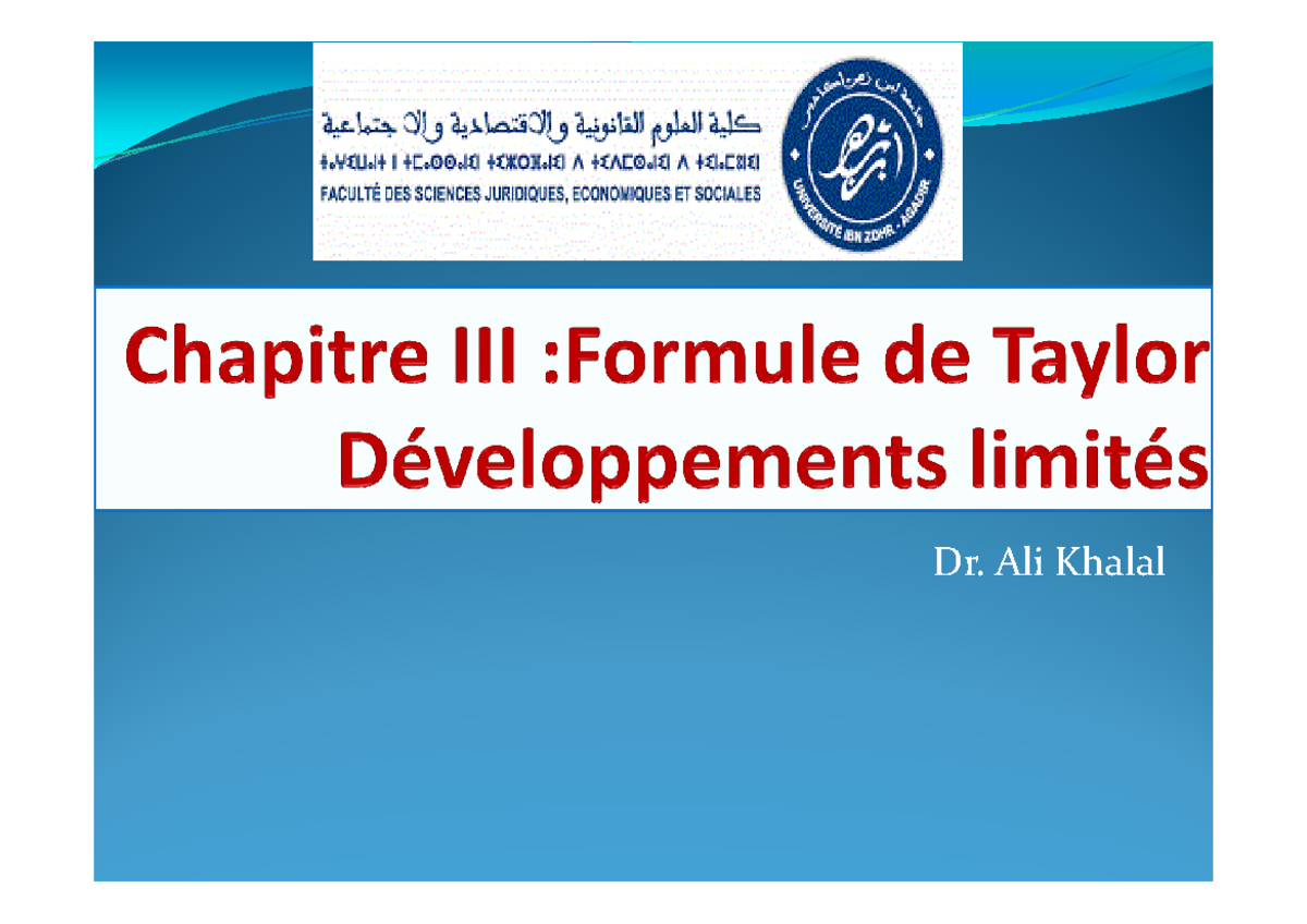 Cours Analyse Math S1 Chapitre IIII Developpements limites ALI Khalal ...