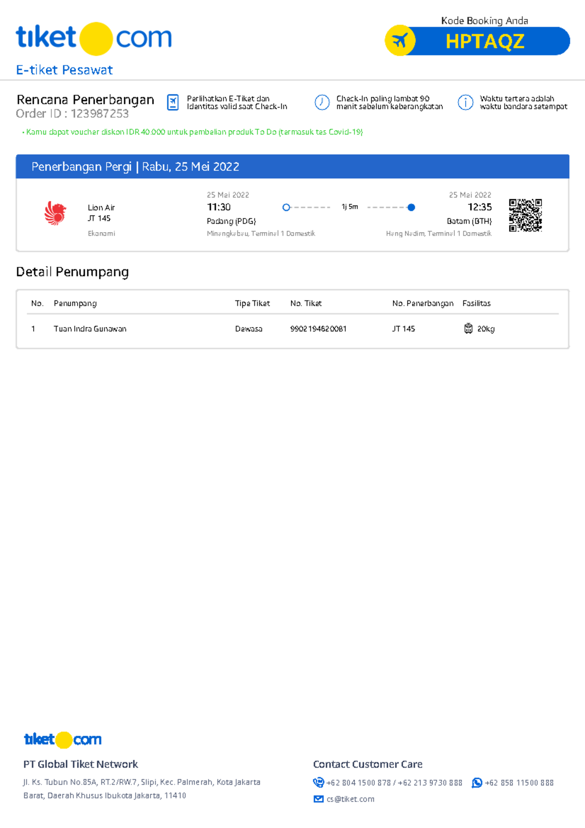 E Voucher Flight depart ID 123987253 - PT Global Tiket Network Jl. Ks ...