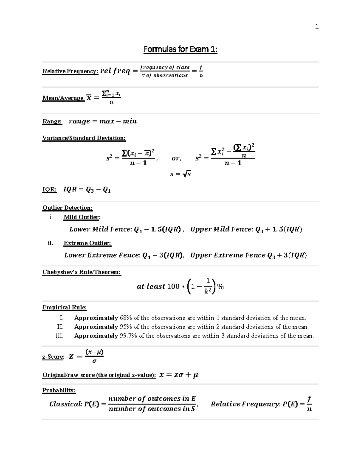 Formula Sheet for Exam 1 - 1 Formulas for Exam 1: Relative Frequency ...