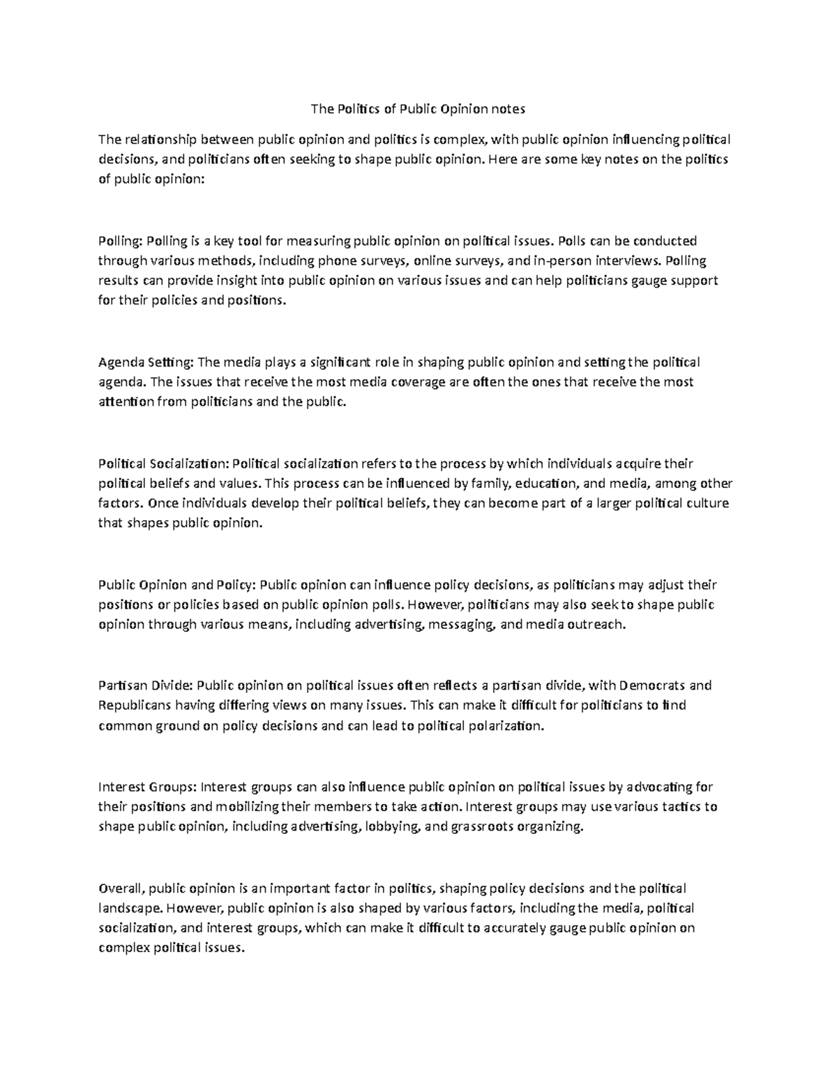 The Politics of Public Opinion notes - Here are some key notes on the ...