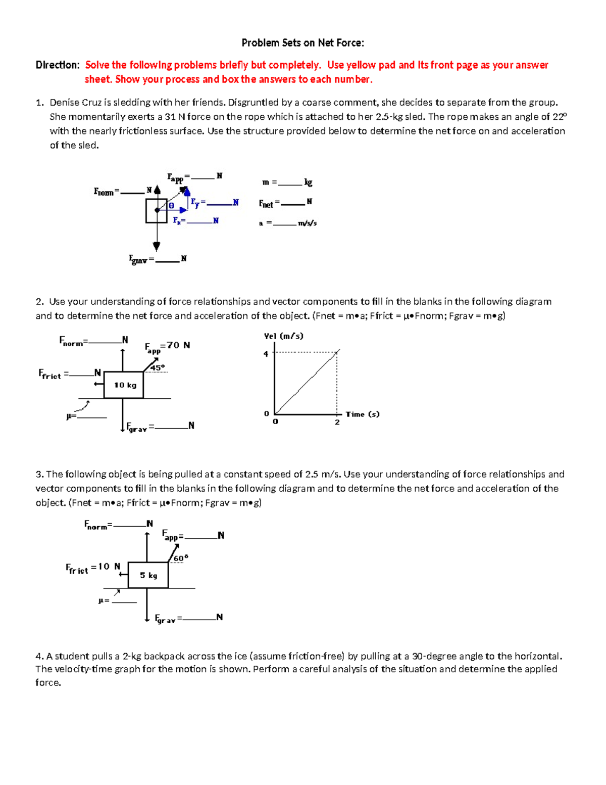 Problem Sets on Net Force - Problem Sets on Net Force: Direction: Solve ...