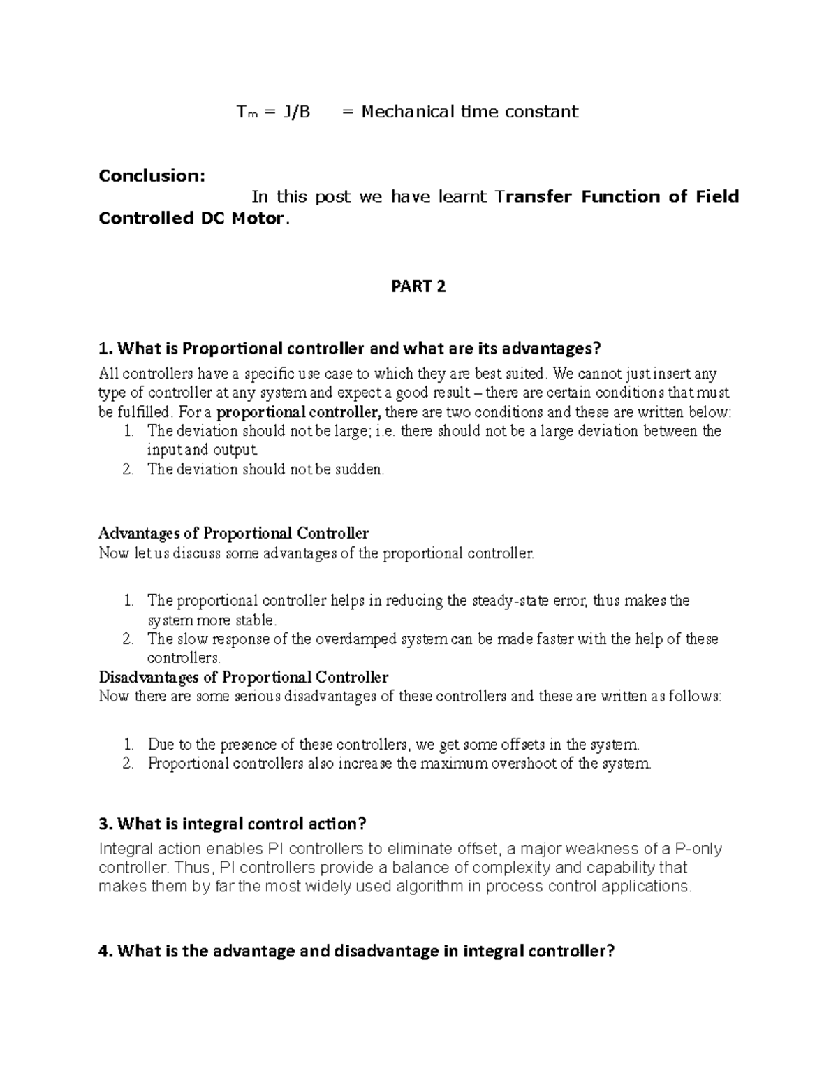 Control SYStem-3 - Tm = J/B = Mechanical time constant Conclusion: In ...