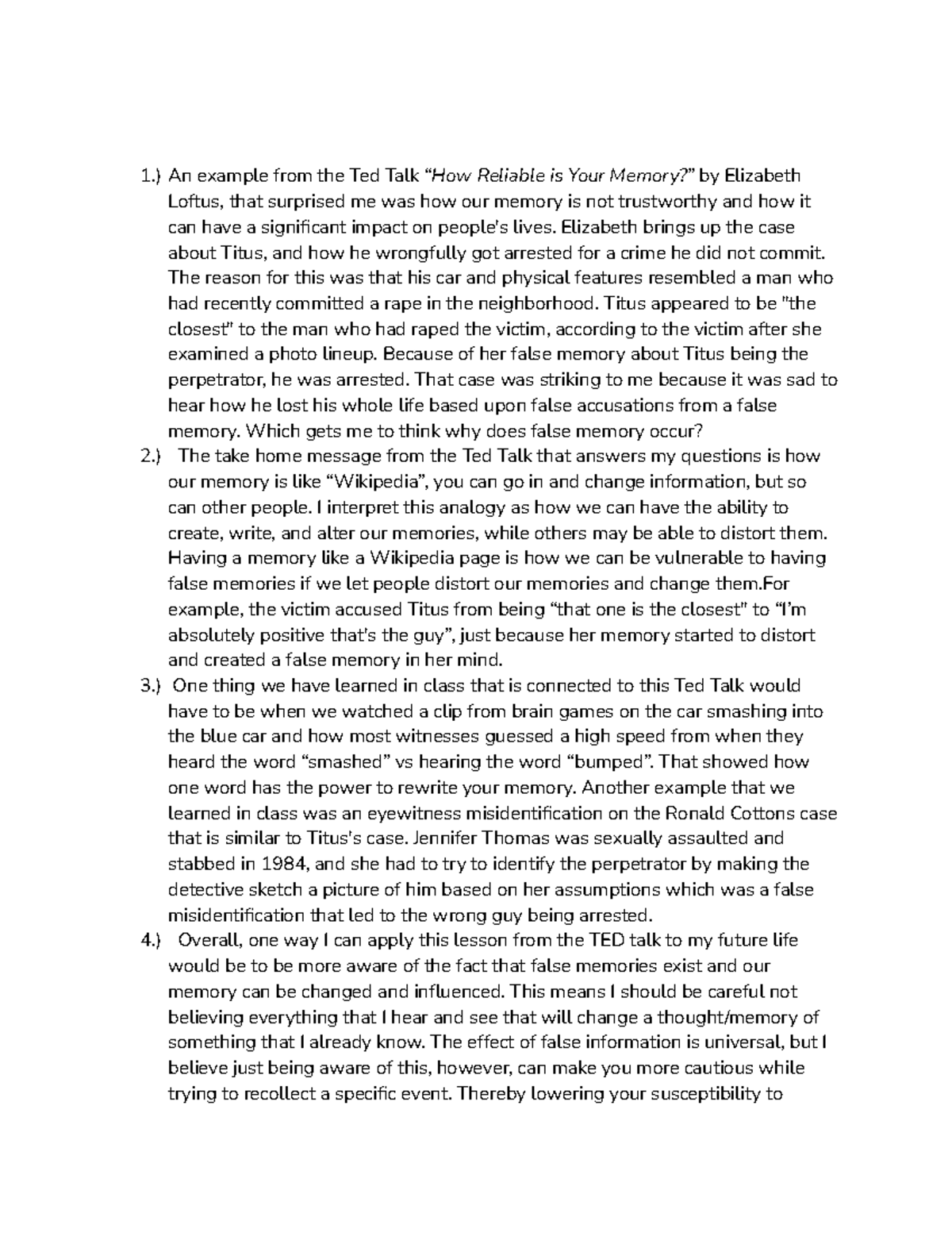 Psych 100 writing assignment #1 - 1.) An example from the Ted Talk “How ...