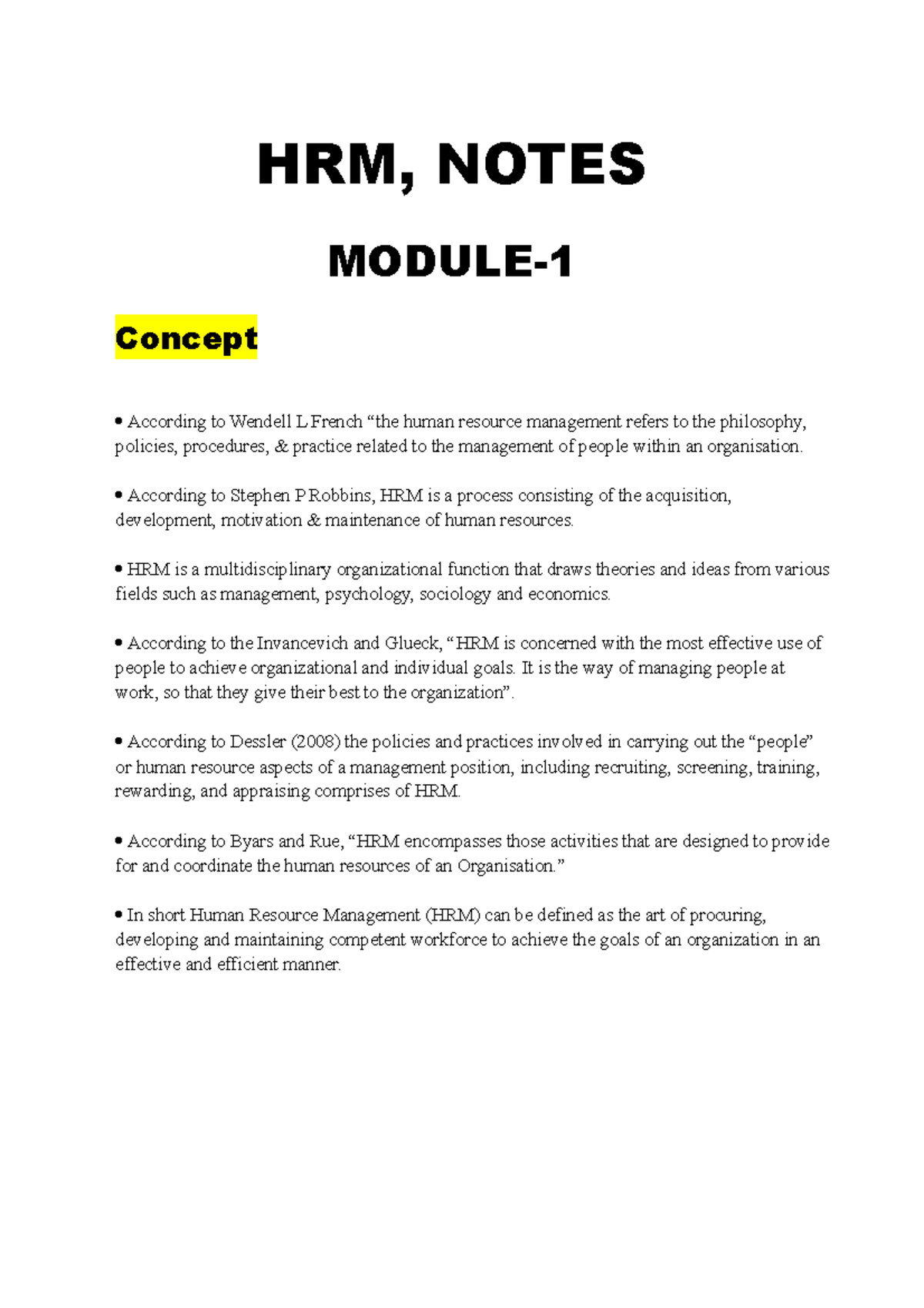 HRM Notes - HRM, NOTES MODULE- Concept According to Wendell L French ...