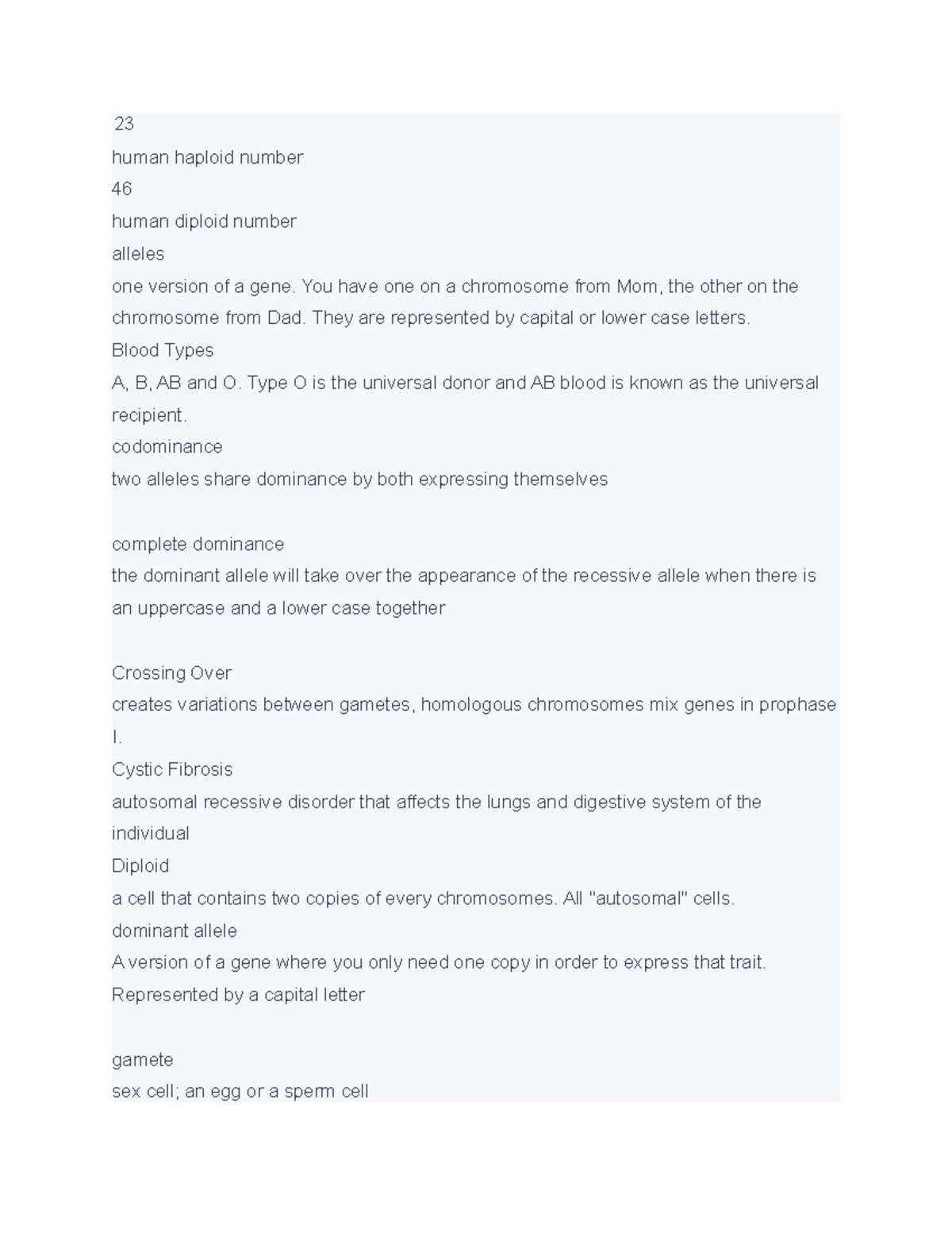 Bio notes- definitions - 23 human haploid number 46 human diploid ...