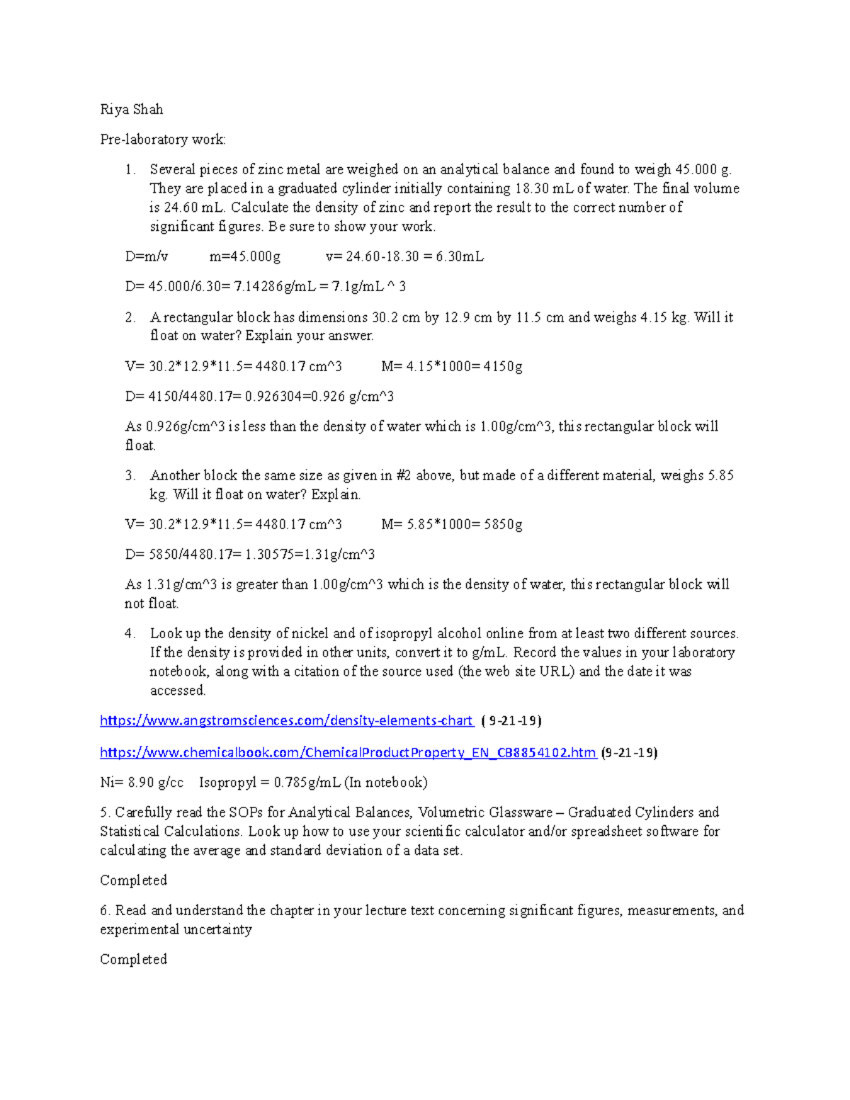 Lab 3 Pre Lab - Pre Lab Assignment - Riya Shah Pre-laboratory work: Several pieces of zinc metal ...