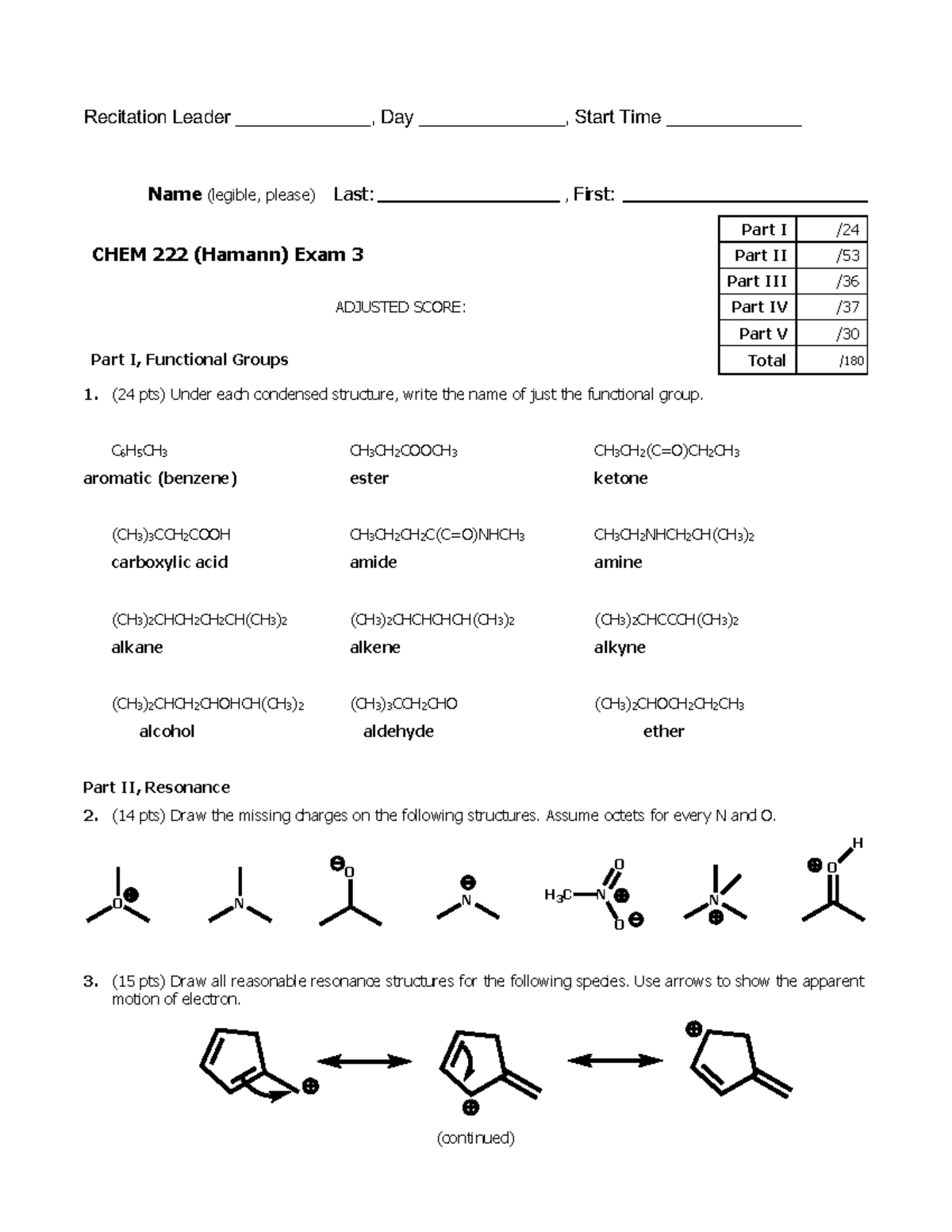 CHEM 222 Exam 3 F23 KEY fixed - Recitation Leader _____________, Day ...