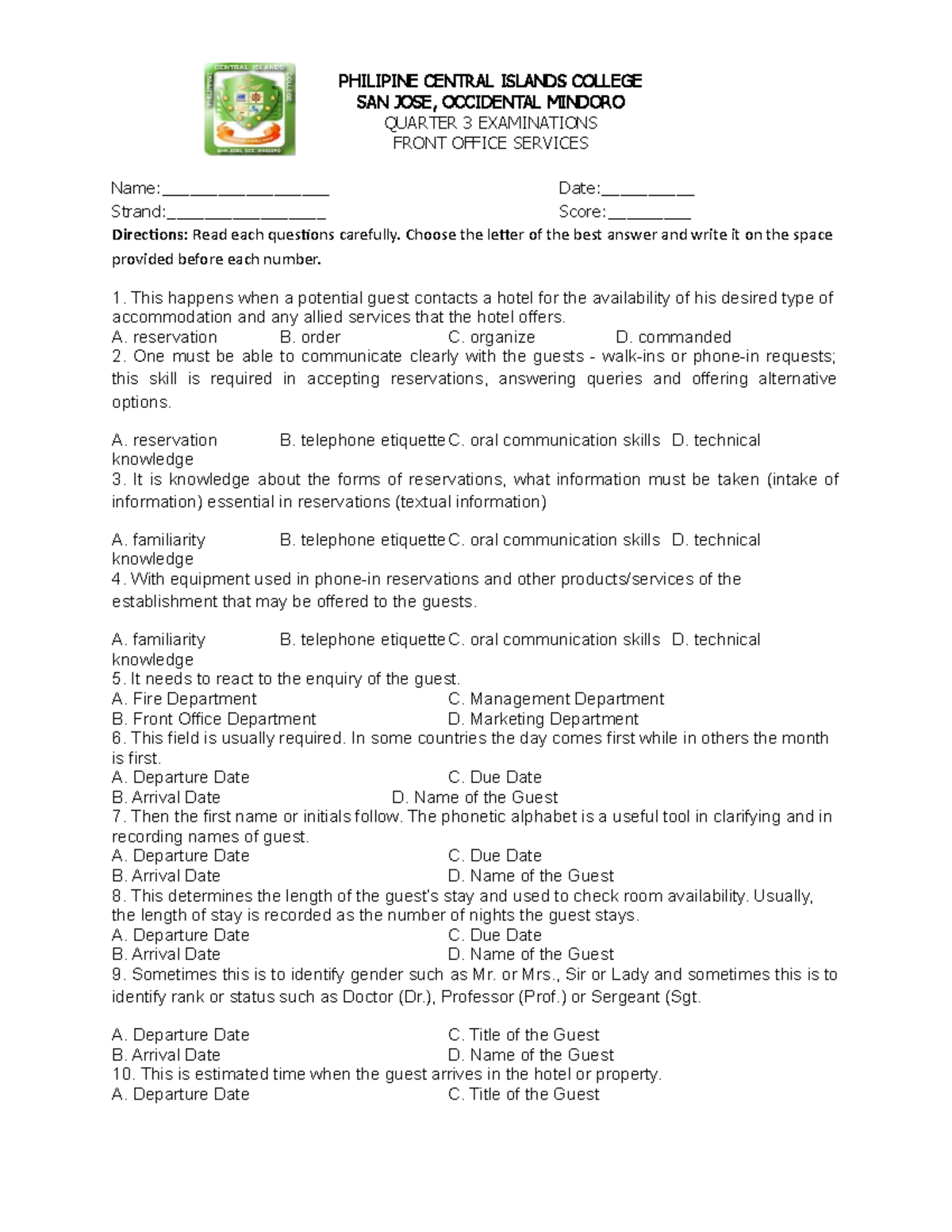 Front-Office - Front office modules - PHILIPINE CENTRAL ISLANDS COLLEGE ...